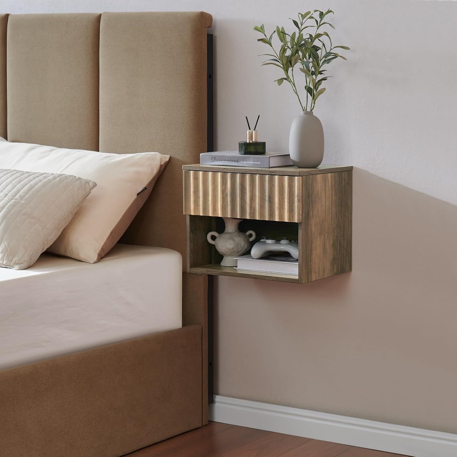 Floating Nightstand with Fluted Drawer - Modern Wall Mounted Bedside ...