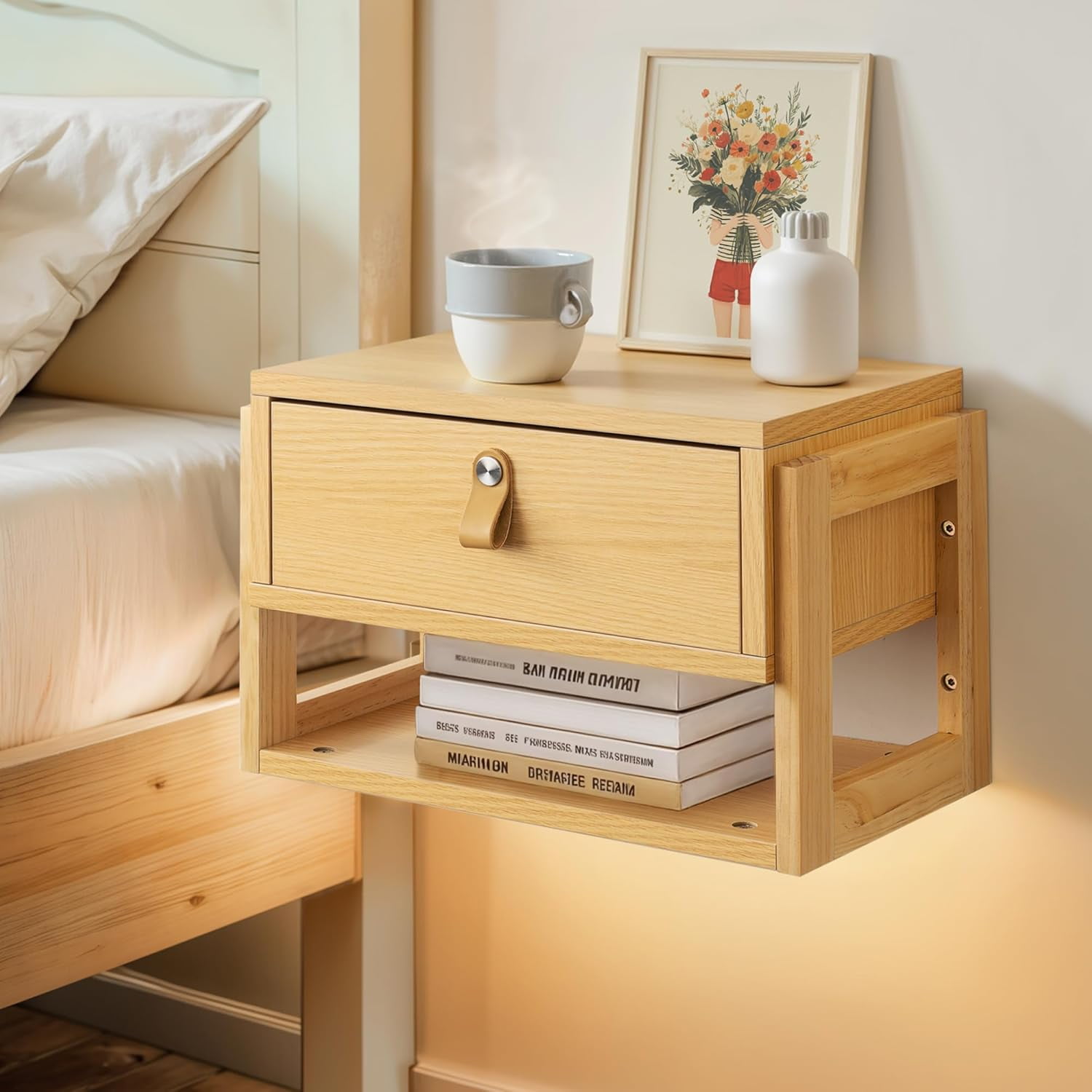 Floating Nightstand with Light Strips, Modern Night Stand with Drawer ...