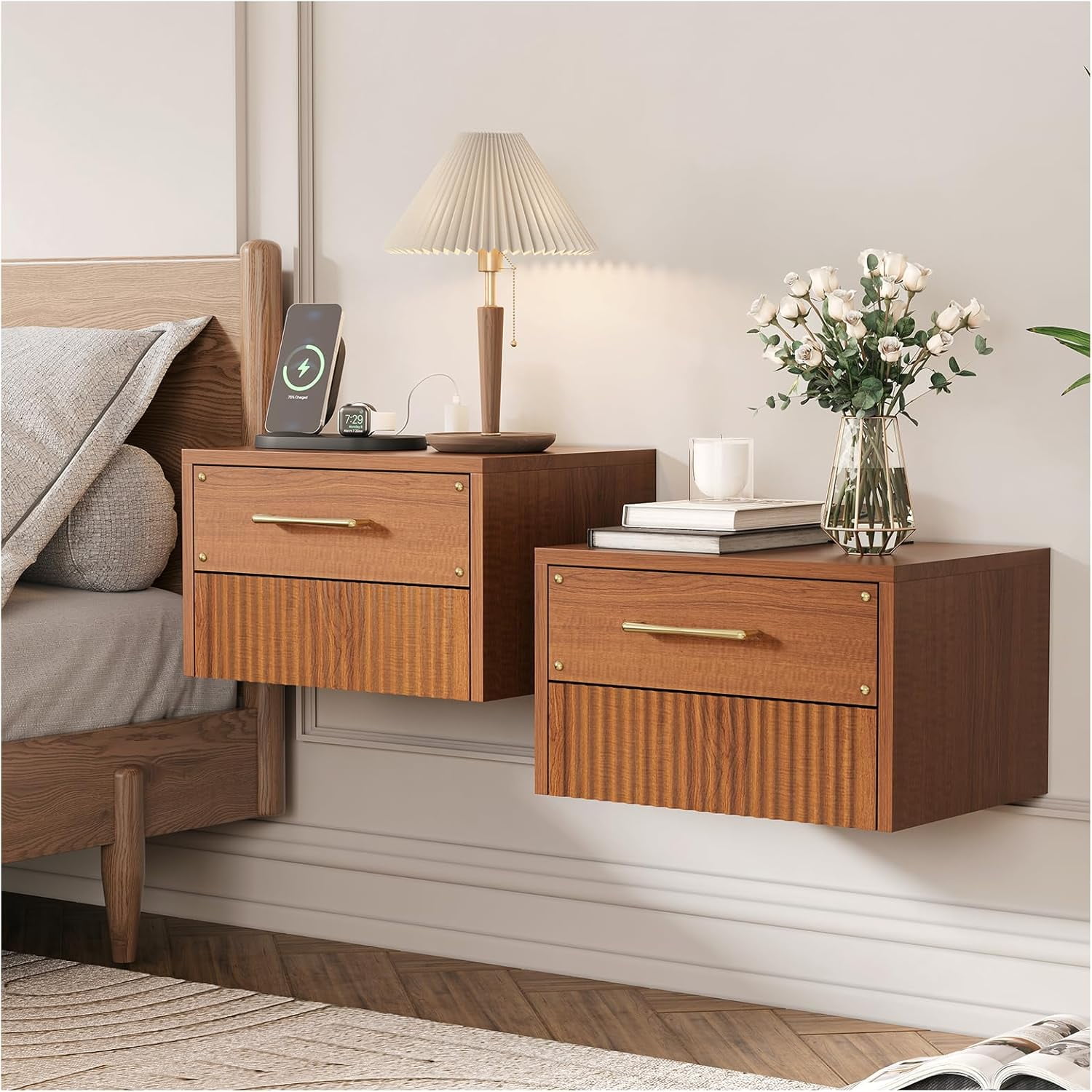 Floating Nightstand Set of 2 with Charging Station, Mid Century Modern ...