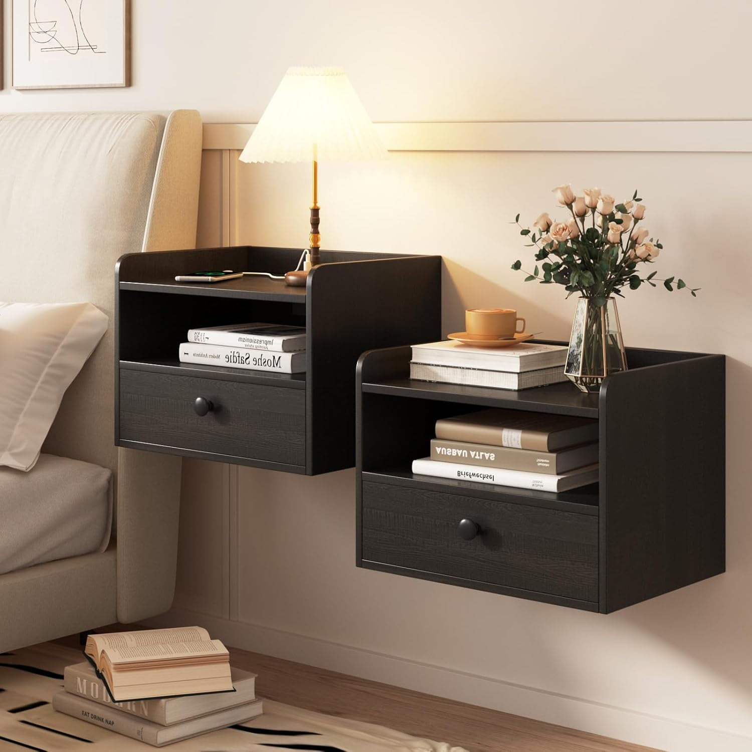 Floating Nightstand Set of 2 Modern Night Stands with Drawer and Open ...