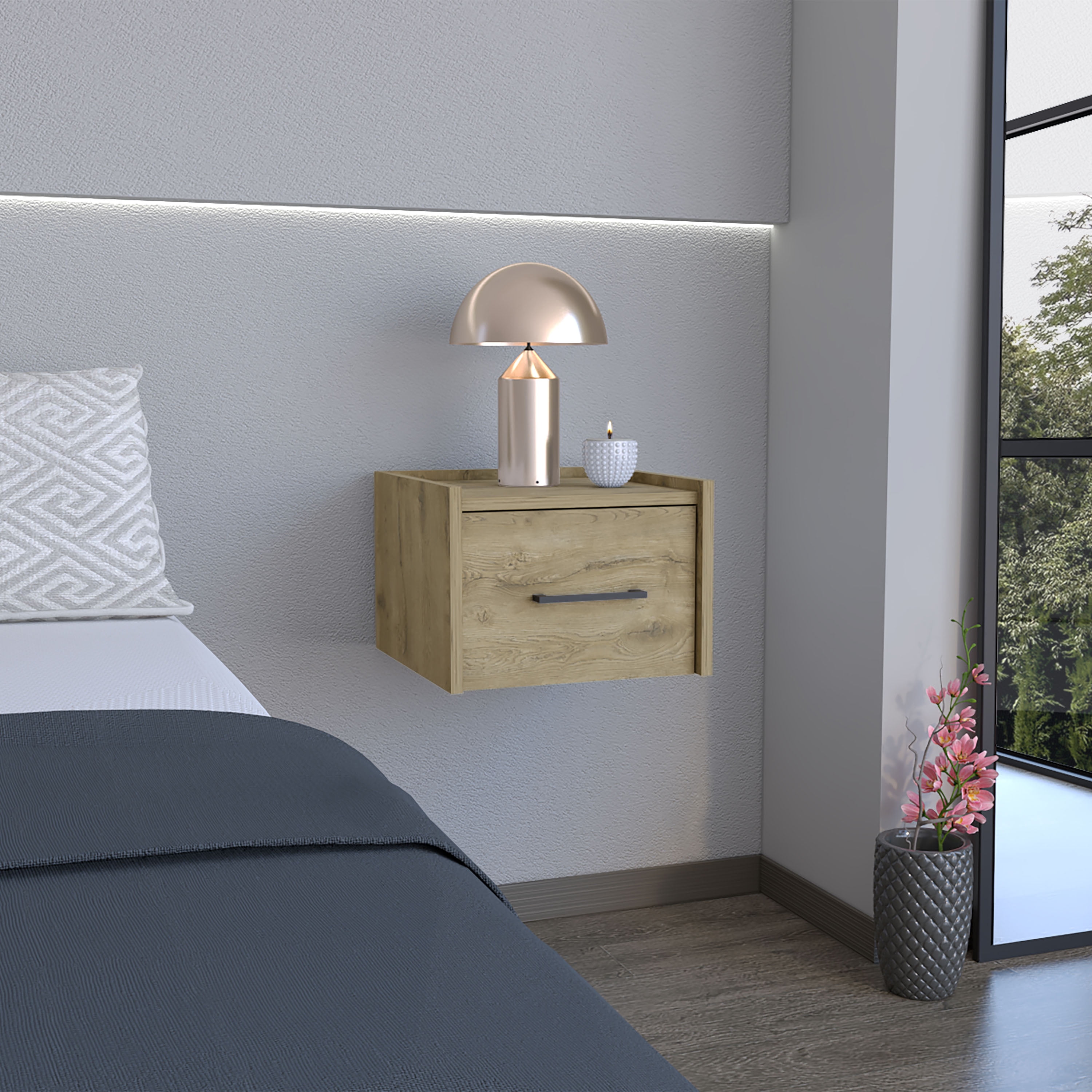 Floating Nightstand,Space-Saving Design with Handy Drawer and Surface,Macadamia,Beige Engineered ...