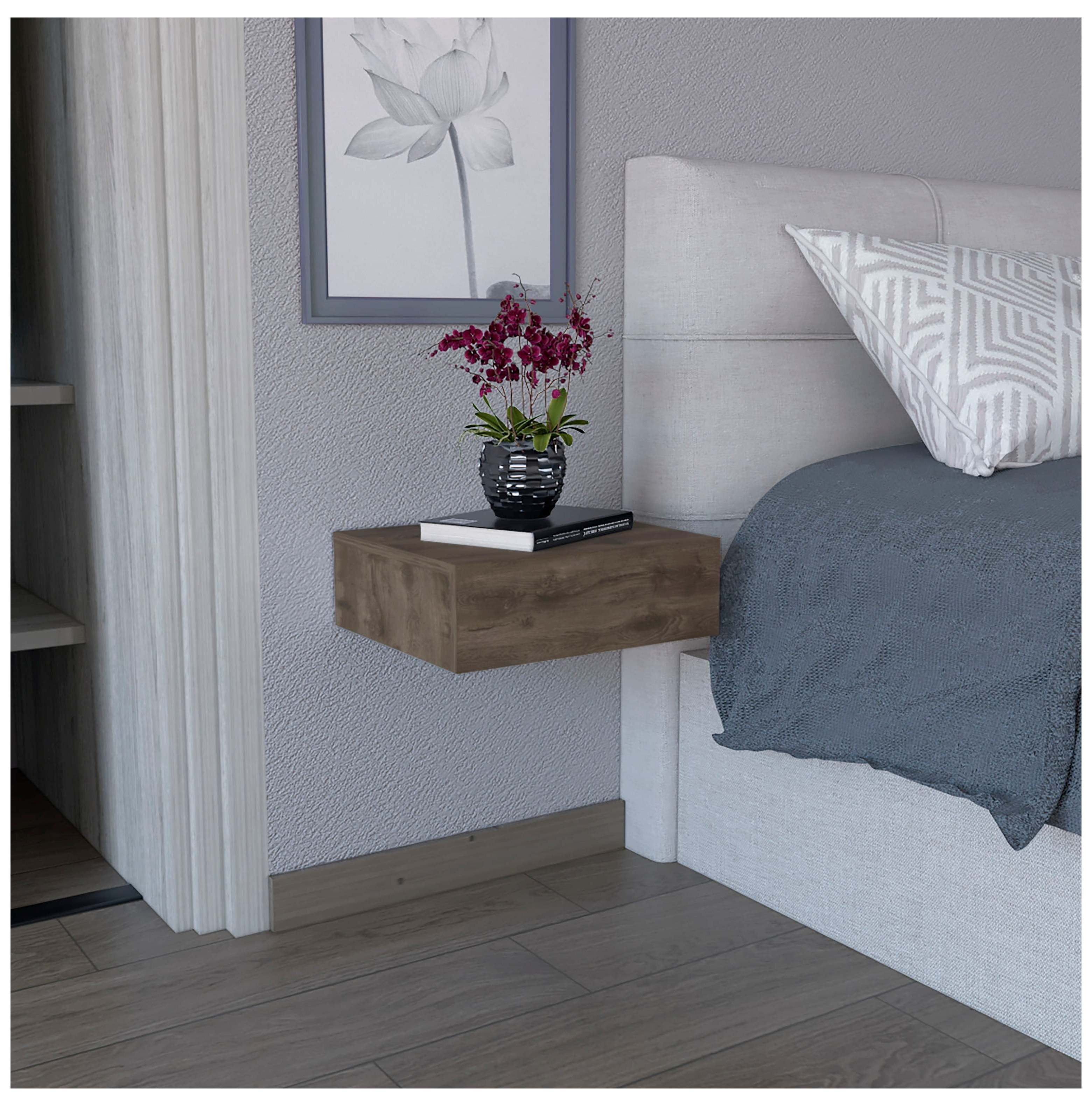 Floating Nightstand Wall Mounted - Dark Brown End Table with Drawer - Bedroom Living Room Side ...