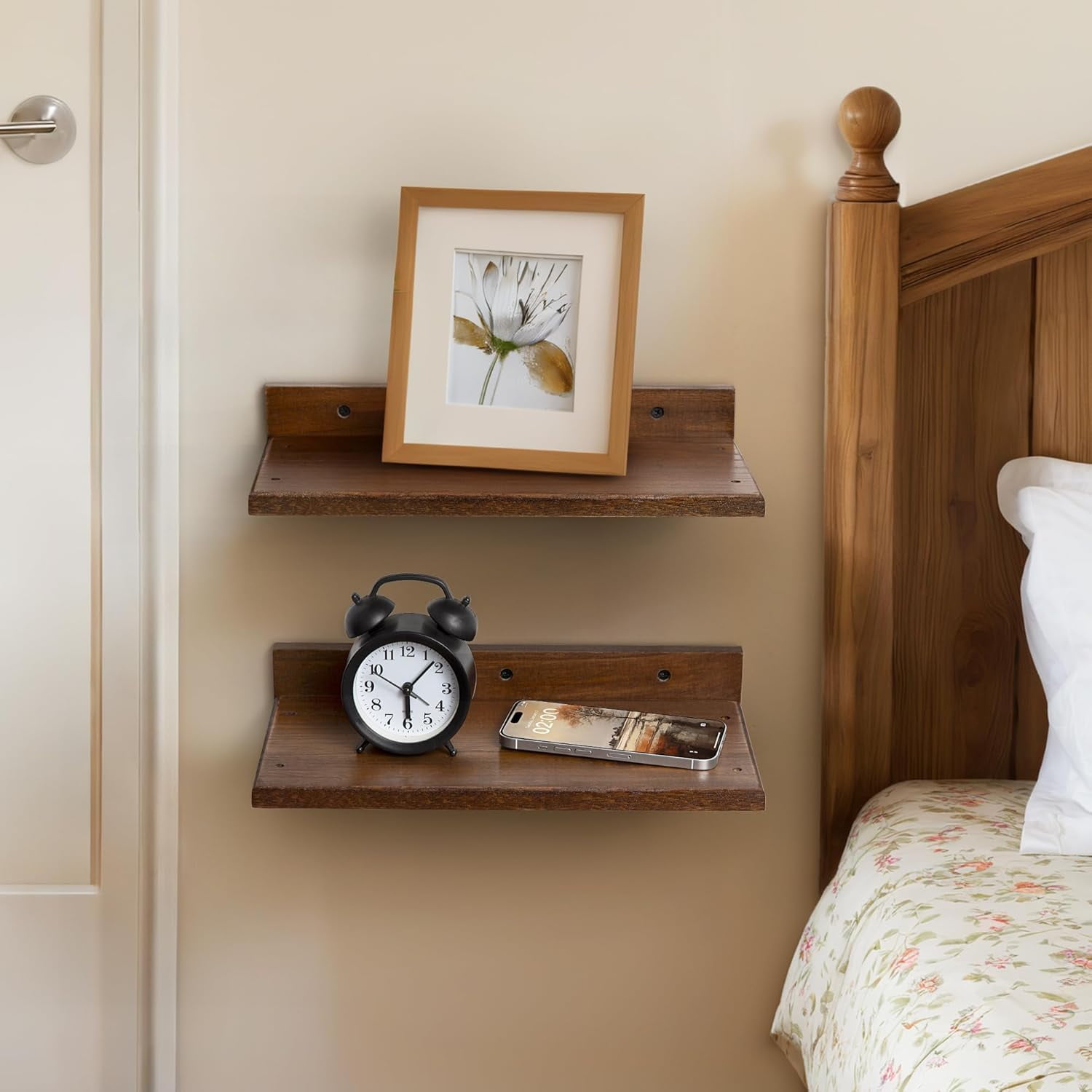 Floating Nightstand, Walnut Wood Floating Bedside Table Z-Shape Wall ...