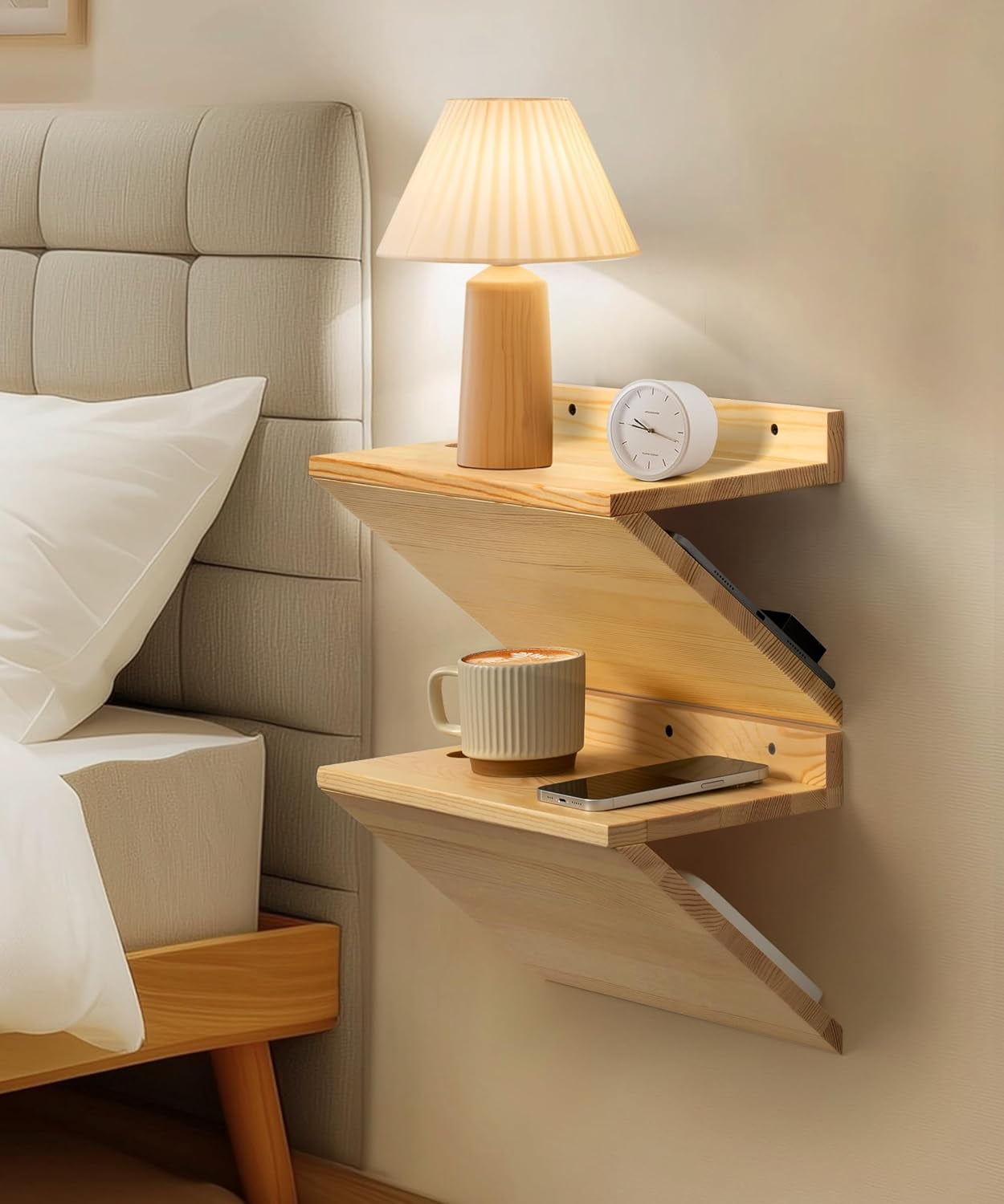 Floating Nightstand, Walnut Wood Floating Bedside Table Z-Shape Wall ...