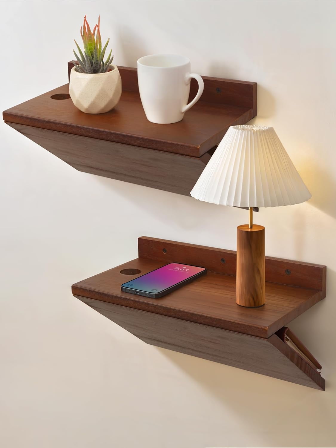 Floating Nightstand, Walnut Wood Floating Bedside Table Z-Shape Wall ...
