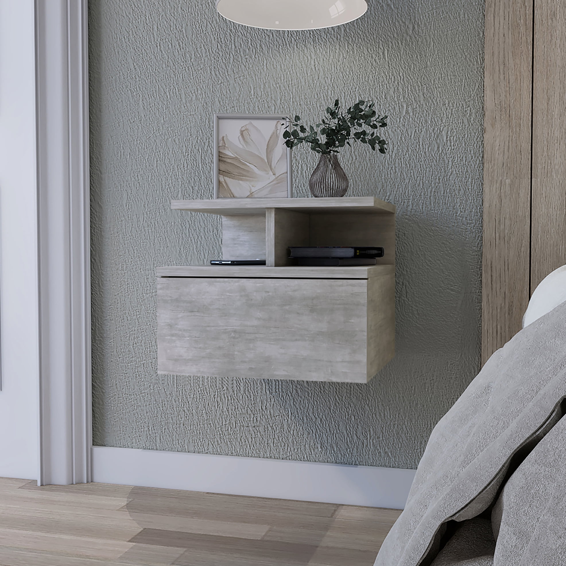 Floating Nightstand With 1 Drawer & 2 Shelf, Gray Concrete Look Bedroom ...