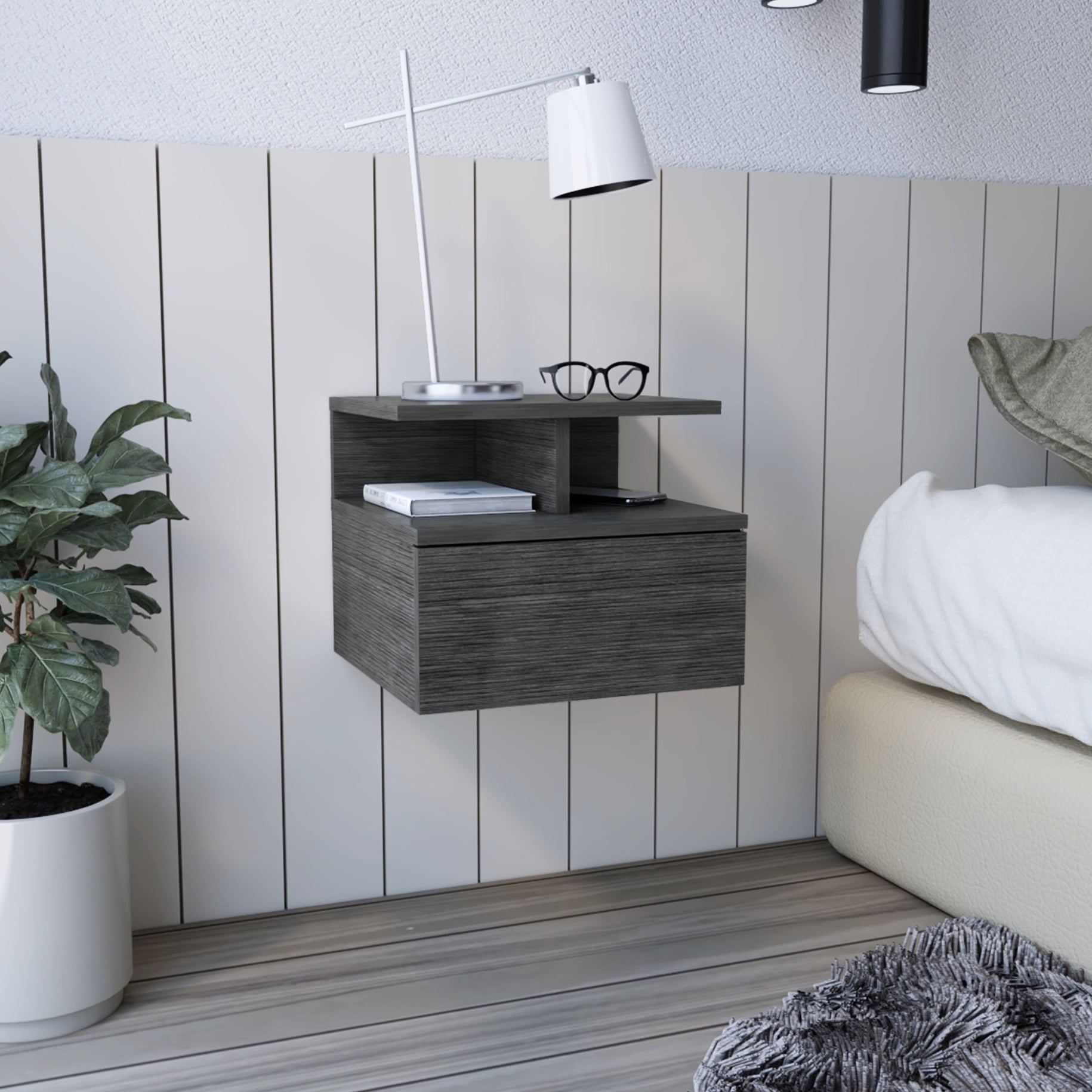 Floating Nightstand With Drawer And Smoke Grey Bedroom Shelving Setup ...
