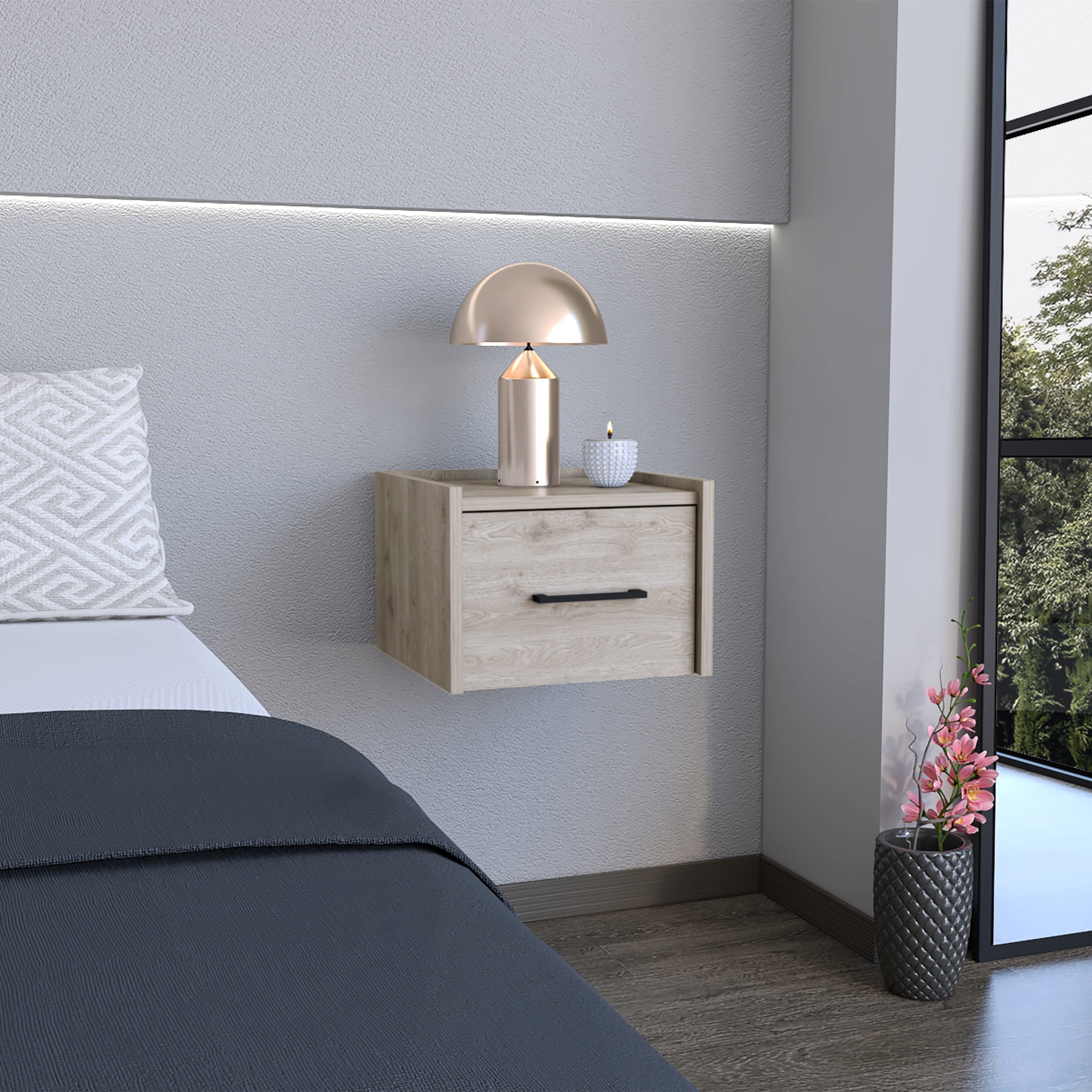 Floating Nightstand With Drawer, Gray. Space Saving. Mount On Wall ...