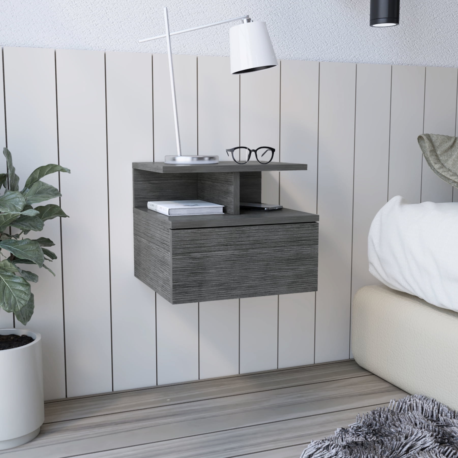 Floating Nightstand With Drawer In Smoke Grey For Bedroom Shelf Storage ...