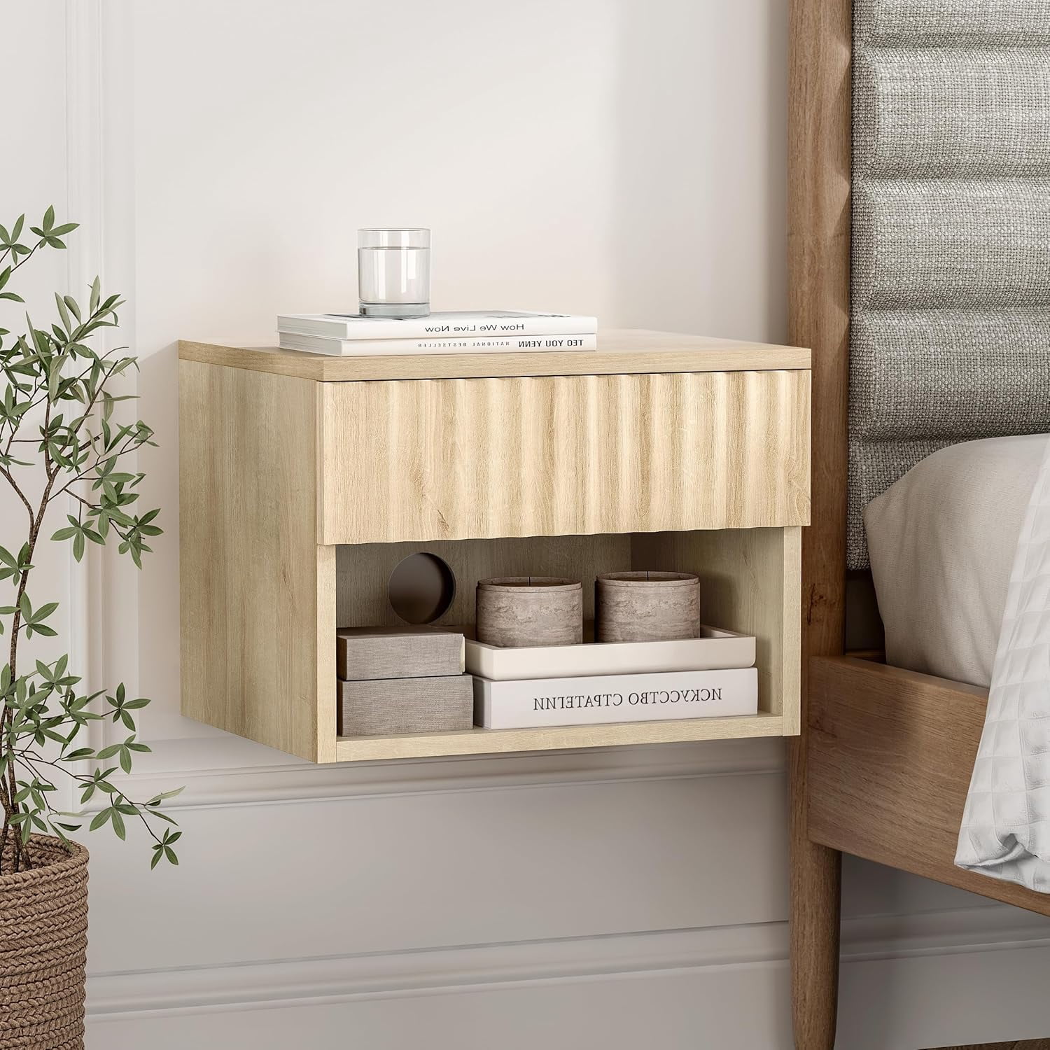 Floating Nightstand with Drawer and Open Shelf, Small Wall Mounted ...