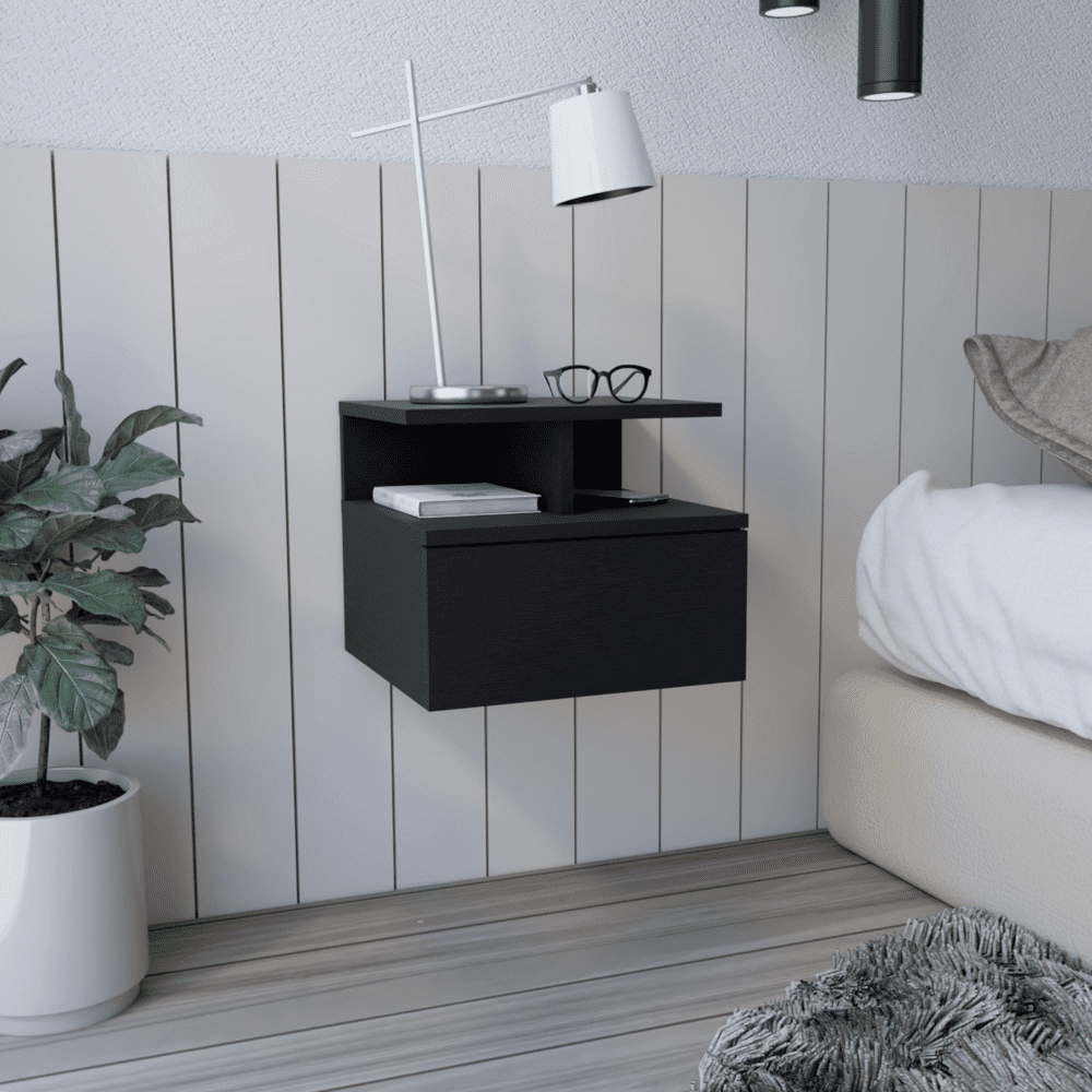 Floating Nightstand with Drawer and Open Storage Shelves Particle Board Floating Bedside Table for Bedroom Living Room Black
