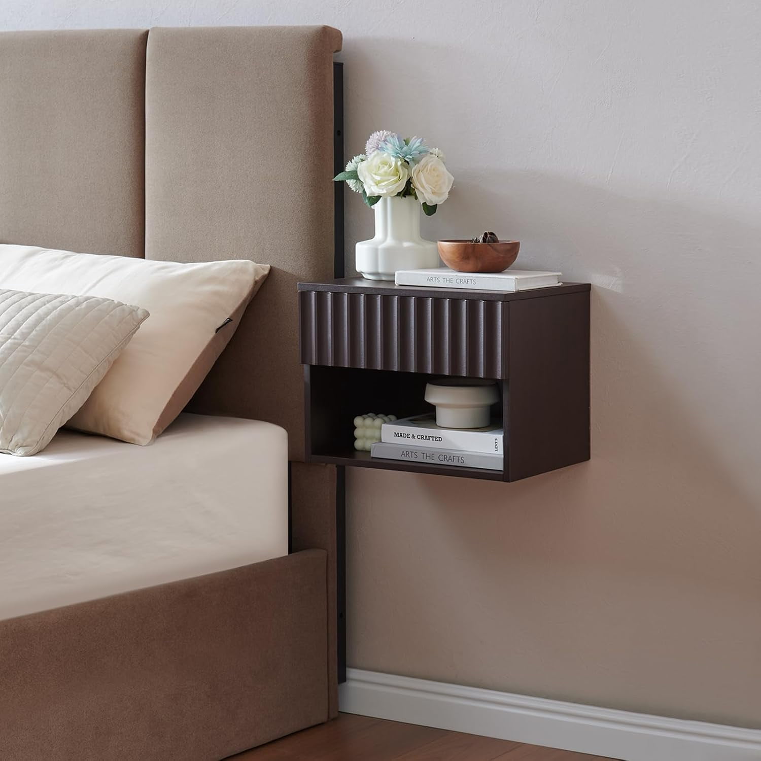 Floating Nightstand with Fluted Drawer - Modern Wall Mounted Bedside ...