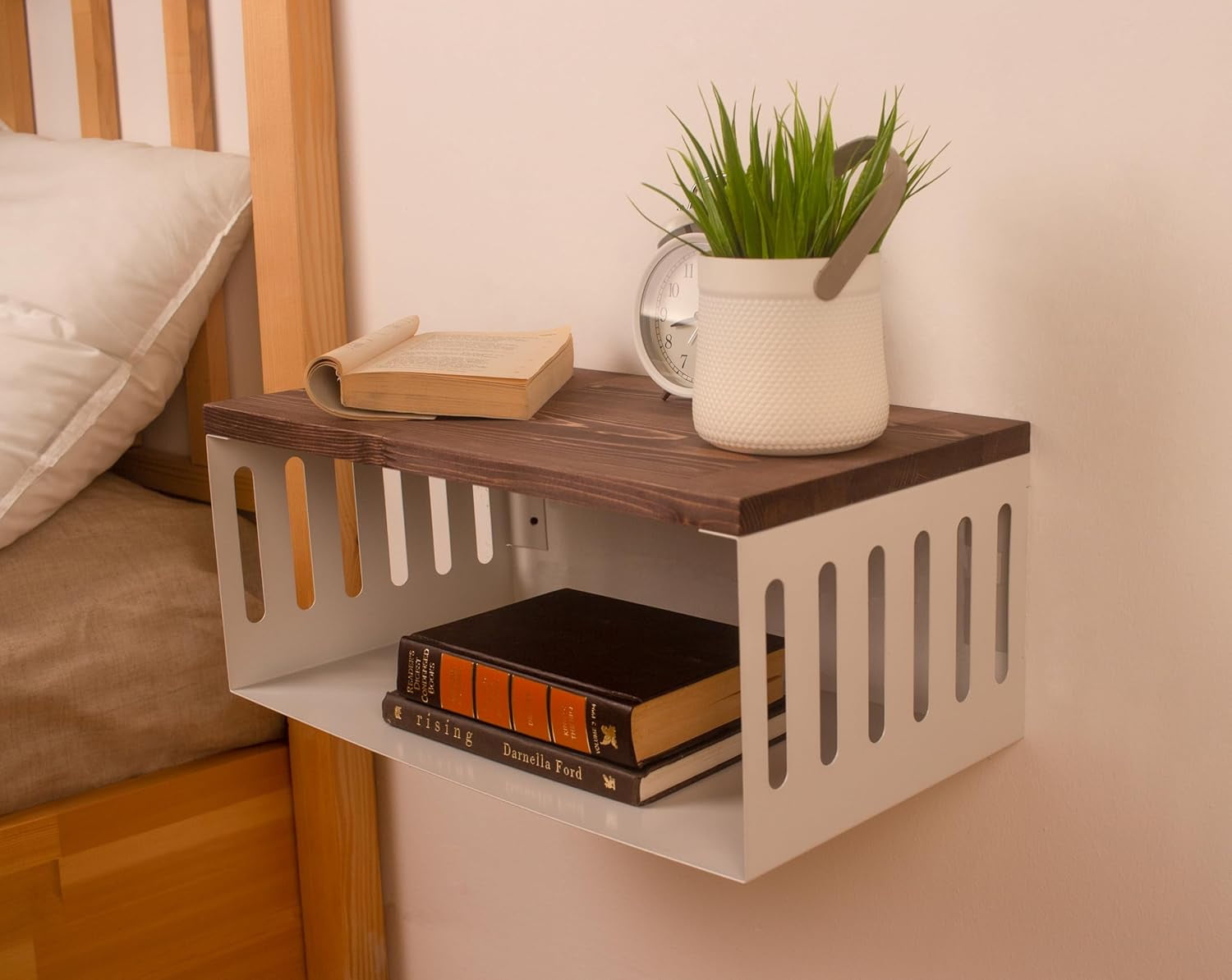 Floating Nightstand with White Metal Base, Wooden Top and Sturdy Metal Base, Minimalist Bedside ...