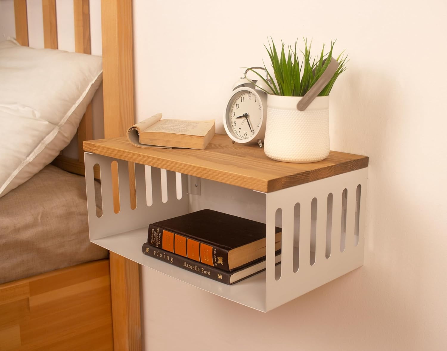Floating Nightstand with White Metal Base, Wooden Top and Sturdy Metal ...