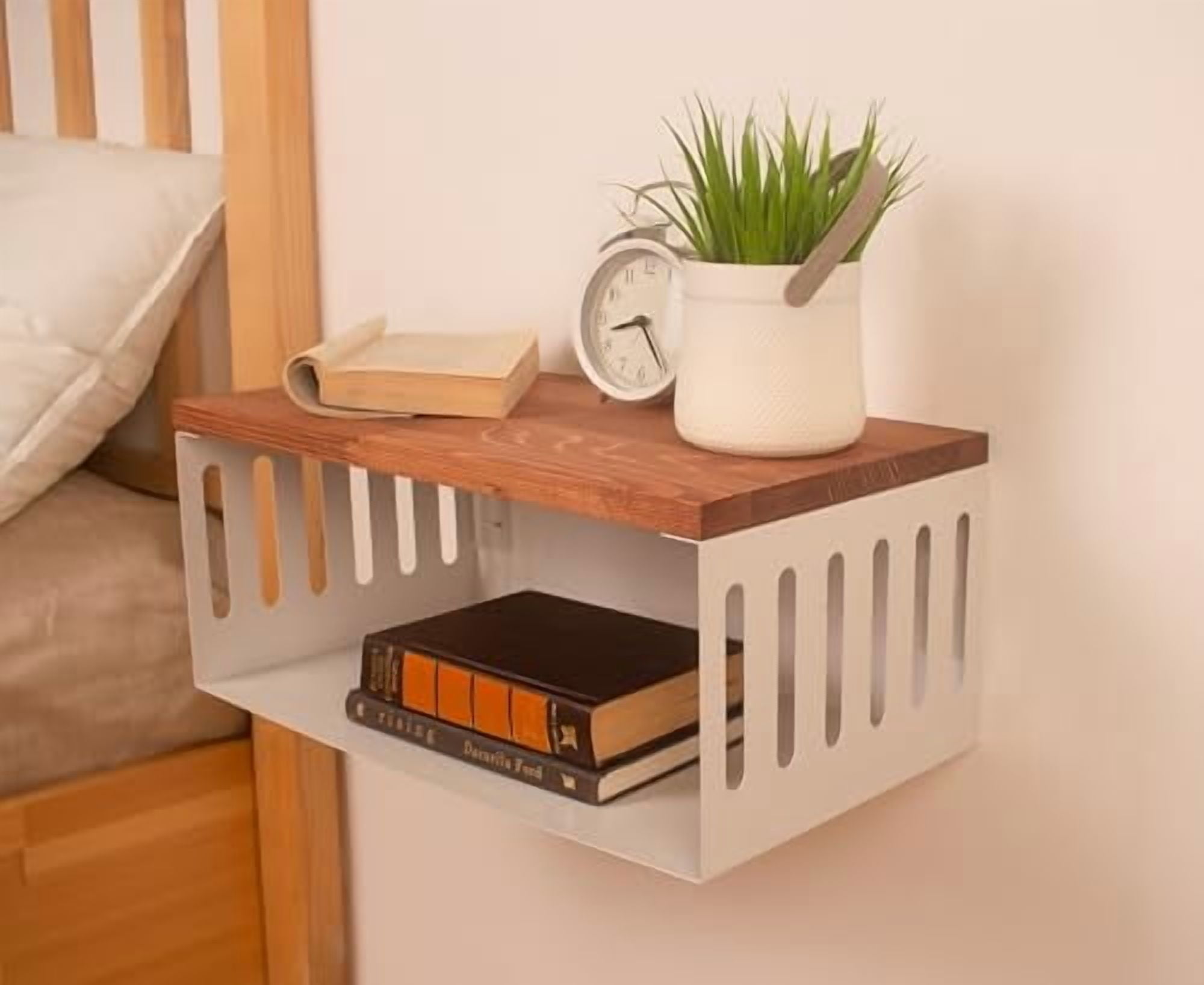 Floating Nightstand with White Metal Base, Wooden Top and Sturdy Metal ...