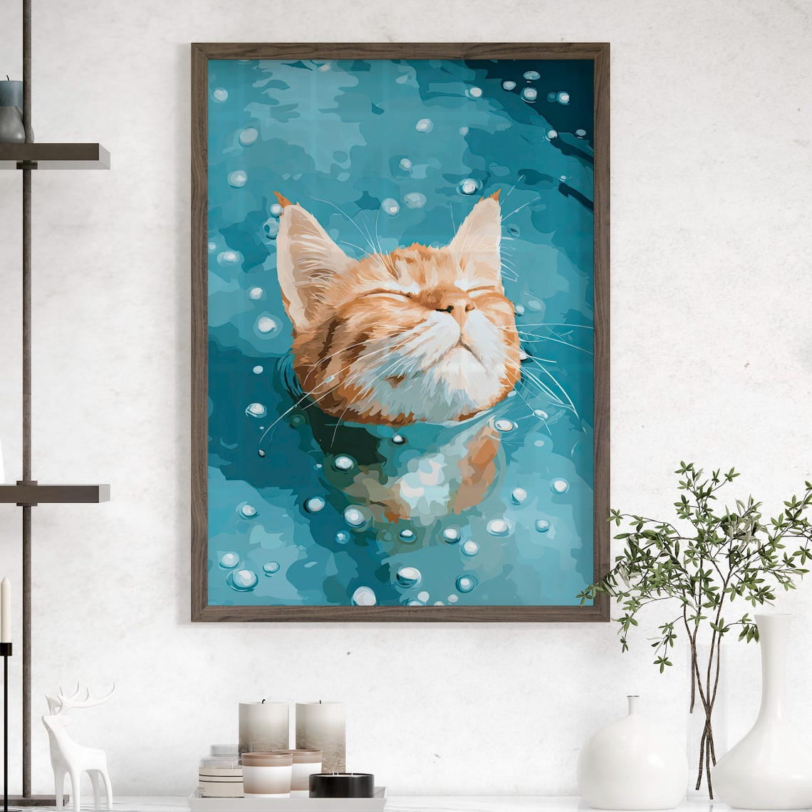 Floating Orange Cat Wall Art, Retro Dopamine Cat Decor, Unframed Canvas ...