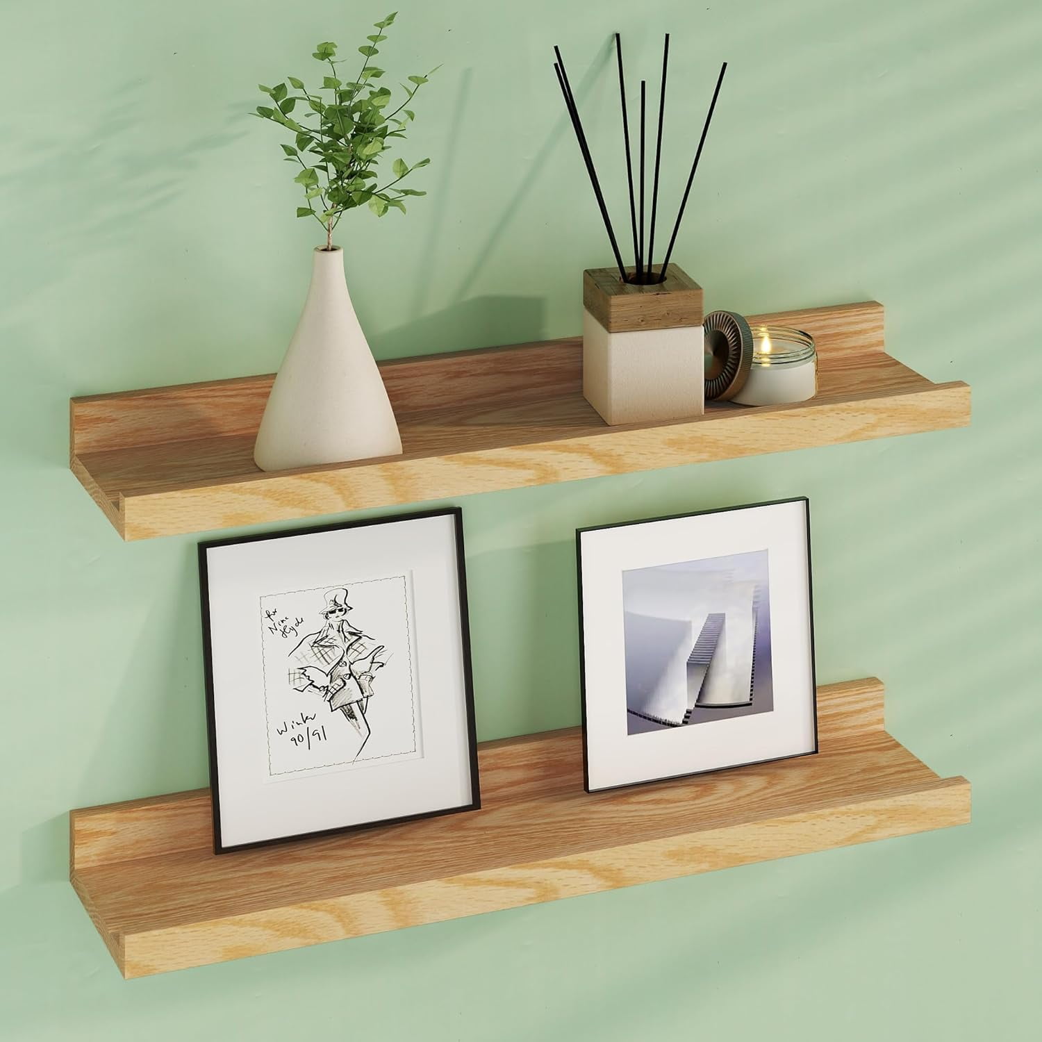Floating Picture Ledge Shelves 24 Inch Solid Oak Wood Set of 2, Rustic ...