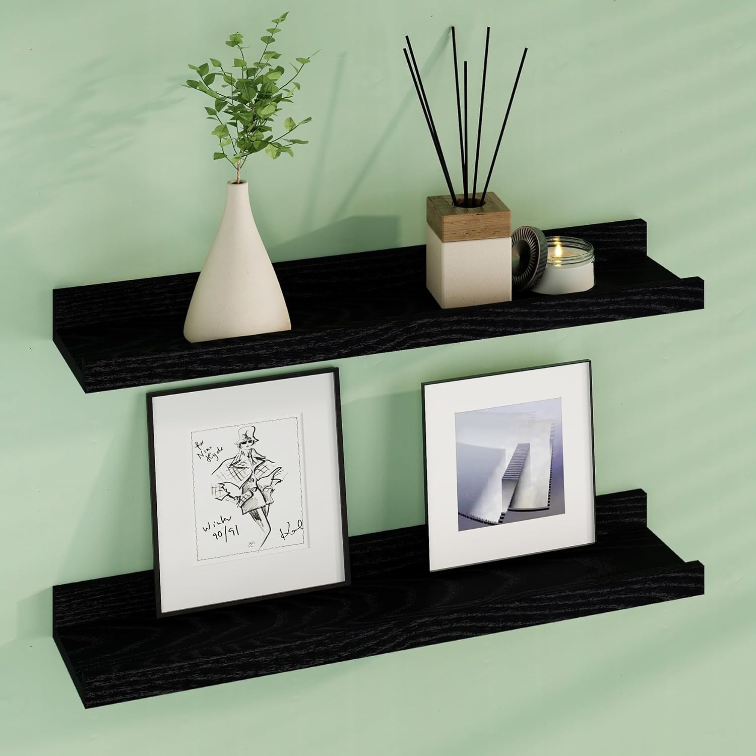 Floating Picture Ledge Shelves 24 Inch Solid Oak Wood Set of 2, Rustic ...