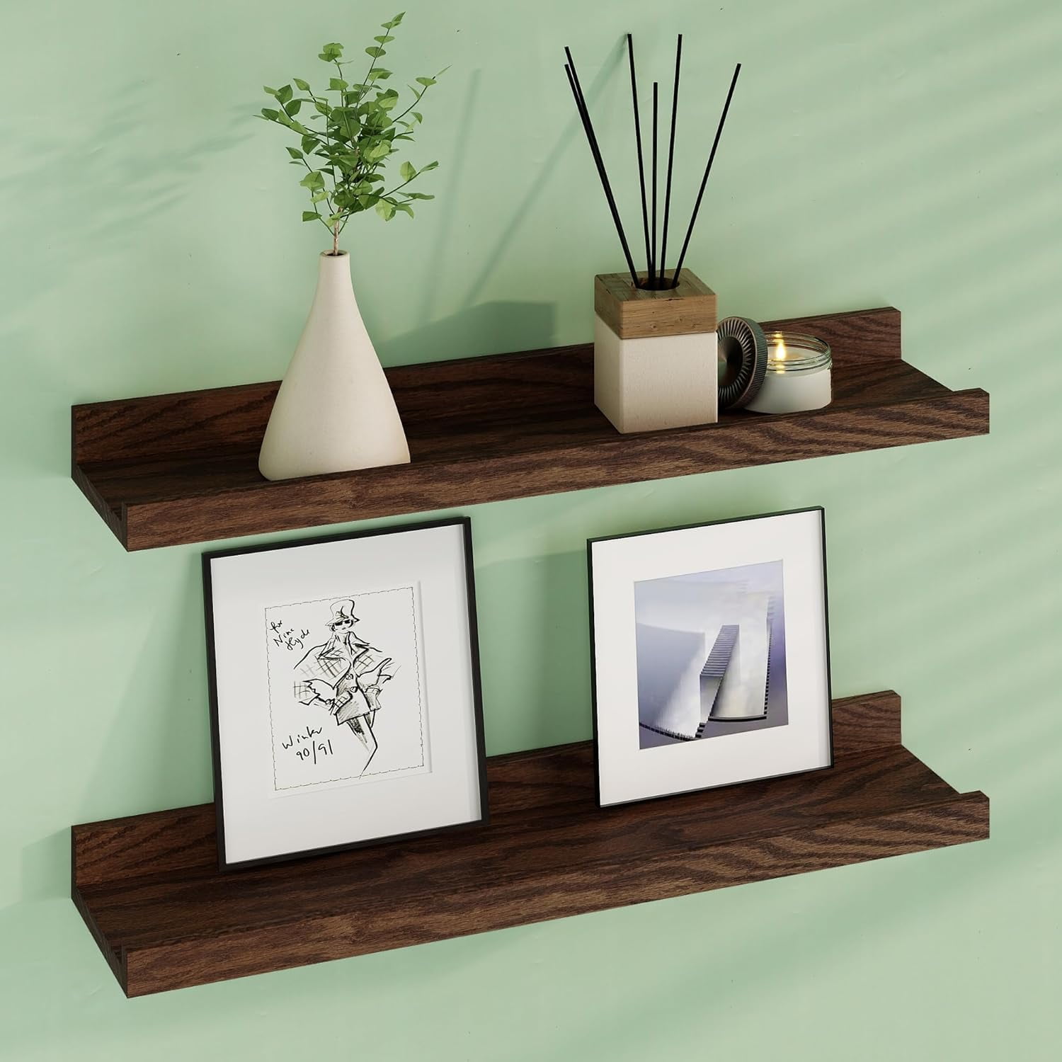 Floating Picture Ledge Shelves 24 Inch Solid Oak Wood Set of 2, Rustic ...