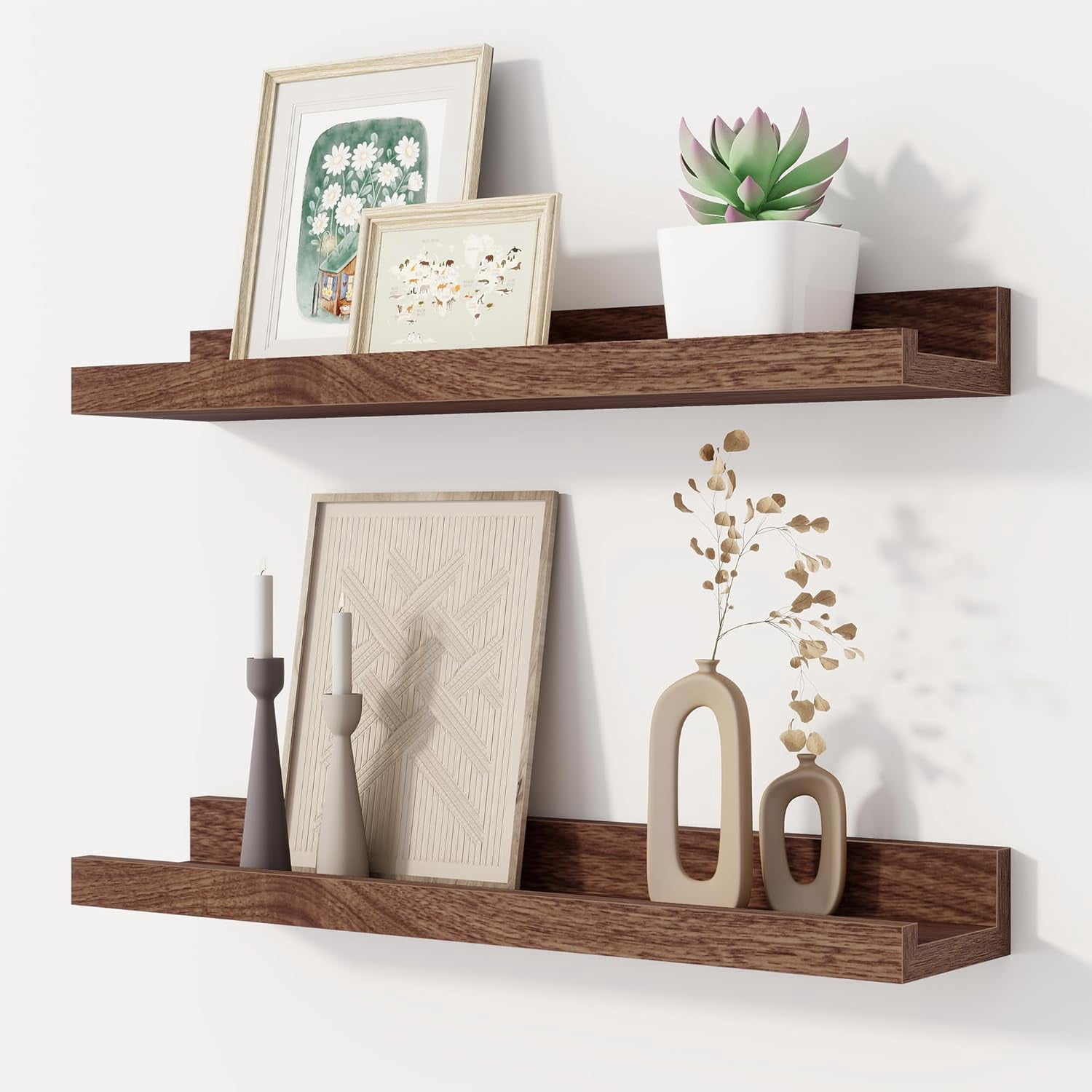 Floating Picture Ledge Shelves Set of 2, 16 Inch Solid Wood Wall ...