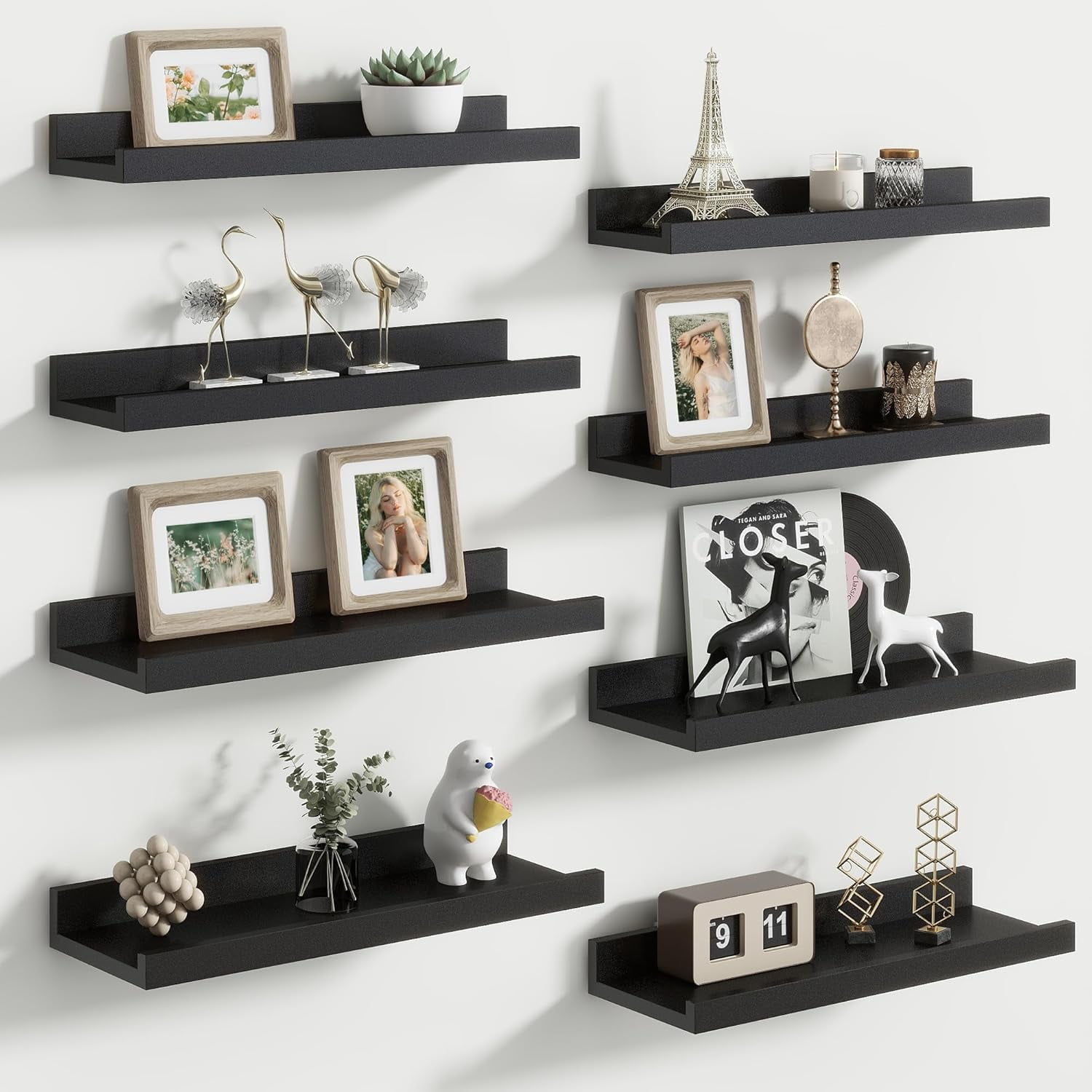 Floating Picture Ledge Shelves for Wall Set of 8, 16 Inch Solid Wood ...