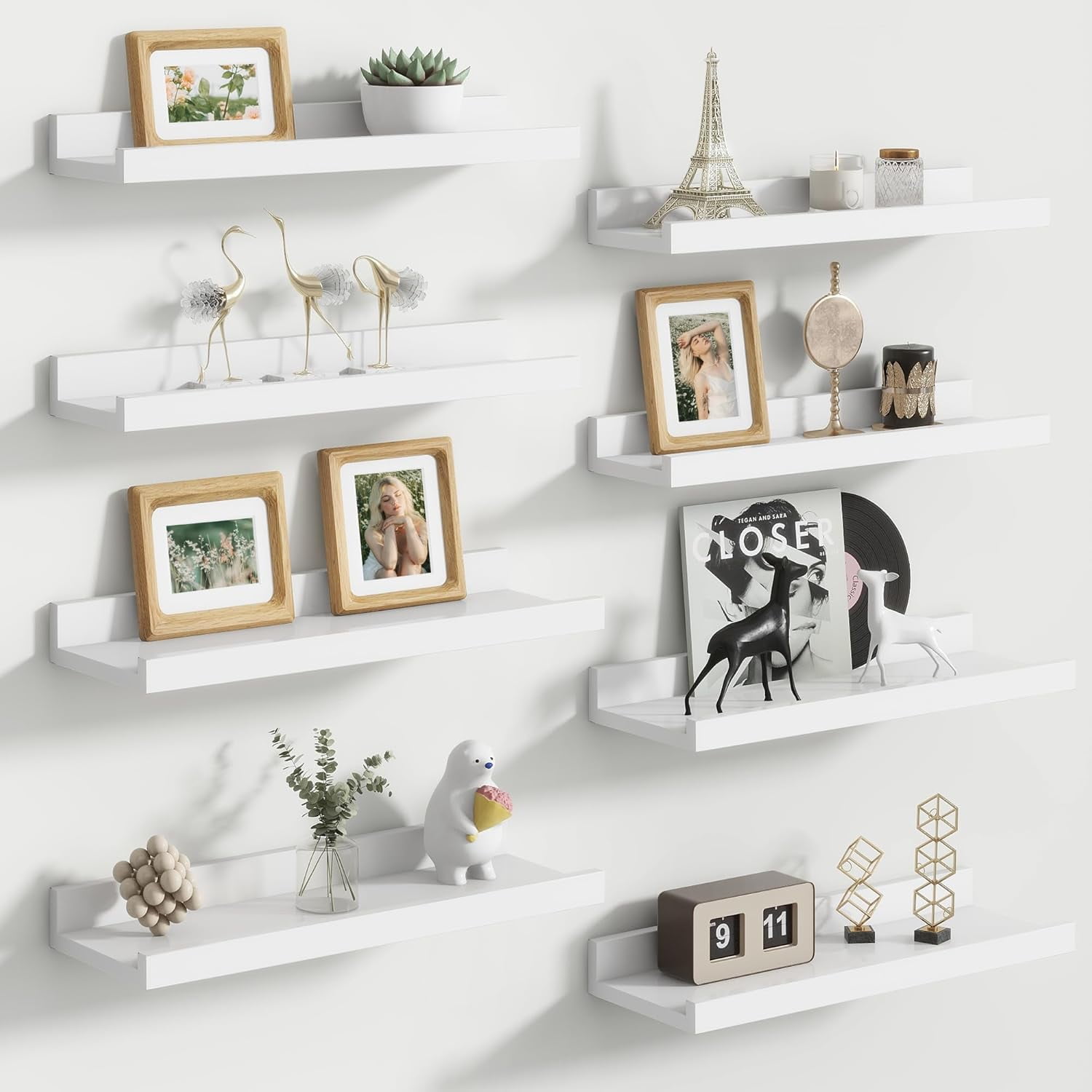 Floating Picture Ledge Shelves for Wall Set of 8, 16 Inch Solid Wood ...
