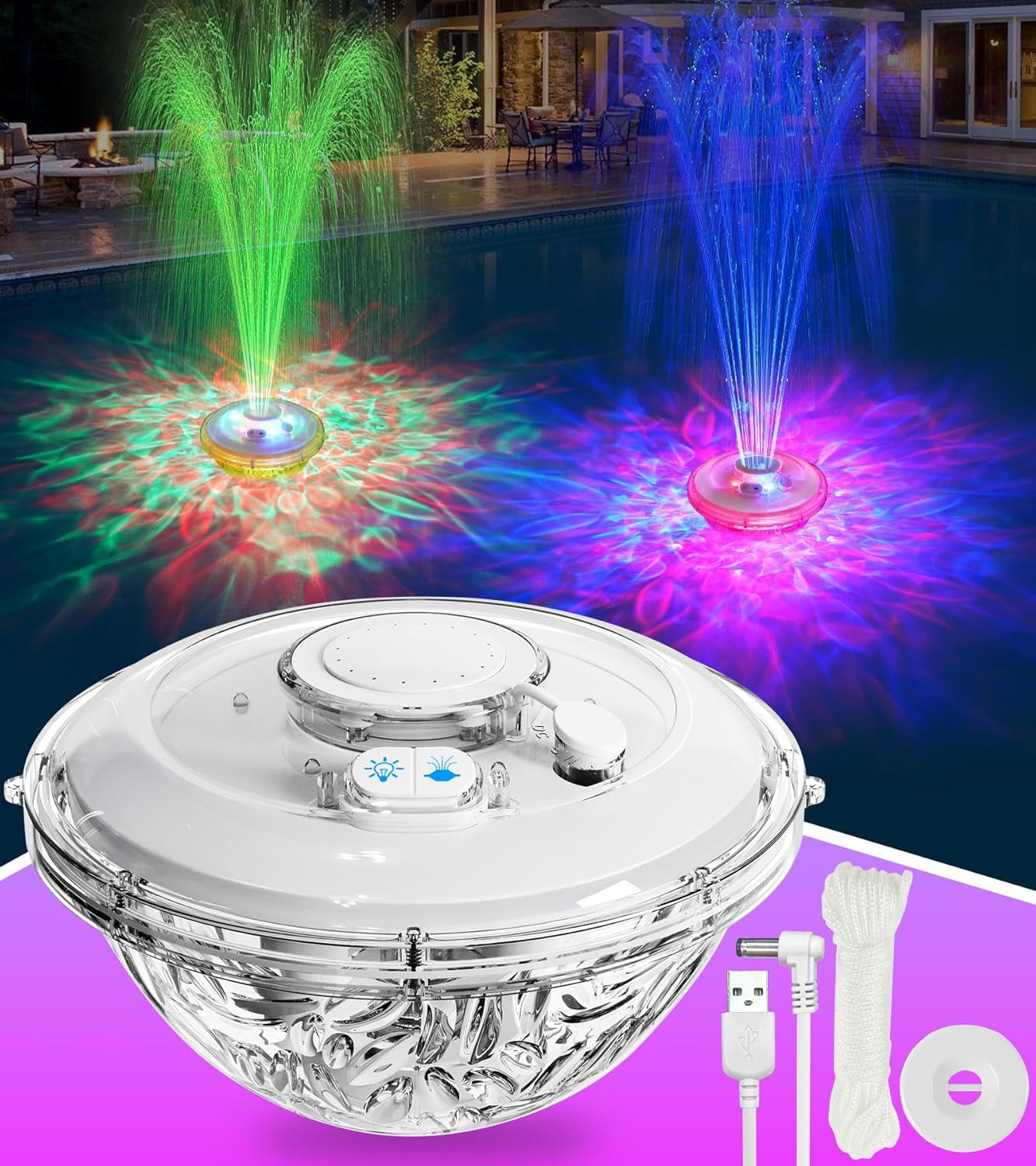 Floating Pool Fountain with Lights Show, Upgraded Rechargeable Pool ...