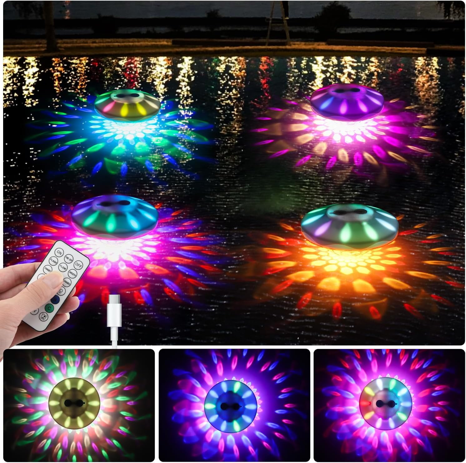 Floating Pool Lights, Pool Light with 6 Dynamic Lighting Effects, IP68 ...