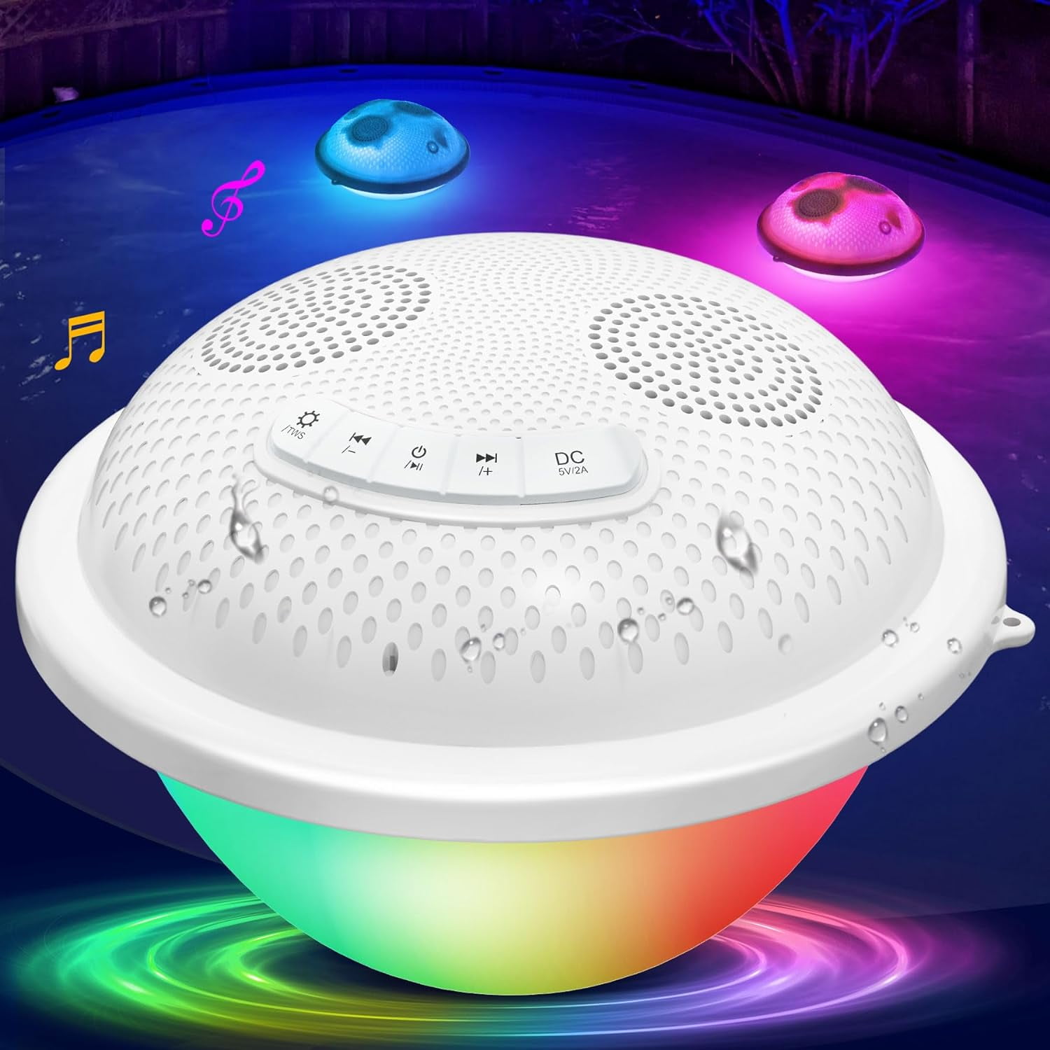 Floating Pool Speakers with Colorful LED Lights, IP68 Waterproof Pool ...