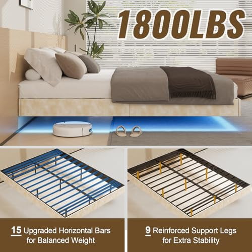 Floating Queen Bed Frame with LED Lights, Upholstered and Metal Bed ...