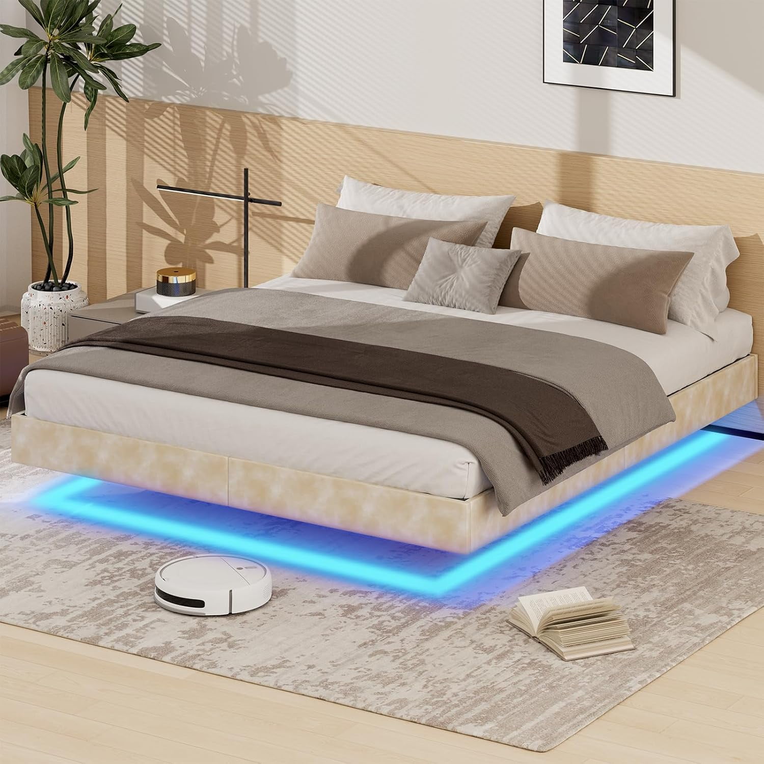 Floating Queen Bed Frame with LED Lights, Upholstered and Metal Bed ...