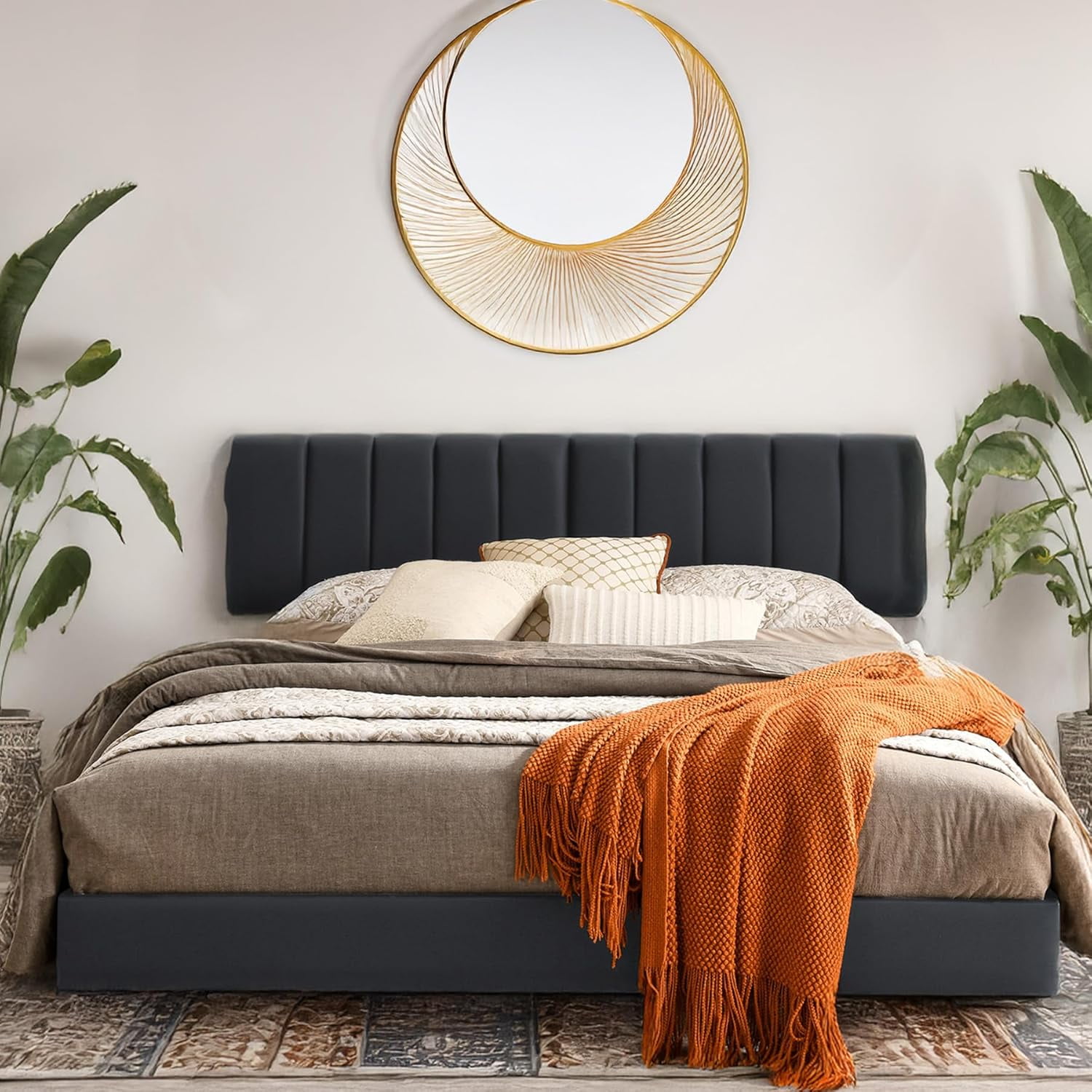 Floating Queen Bed Frame with Wall-Mounted Headboard & 9 Metal Legs ...