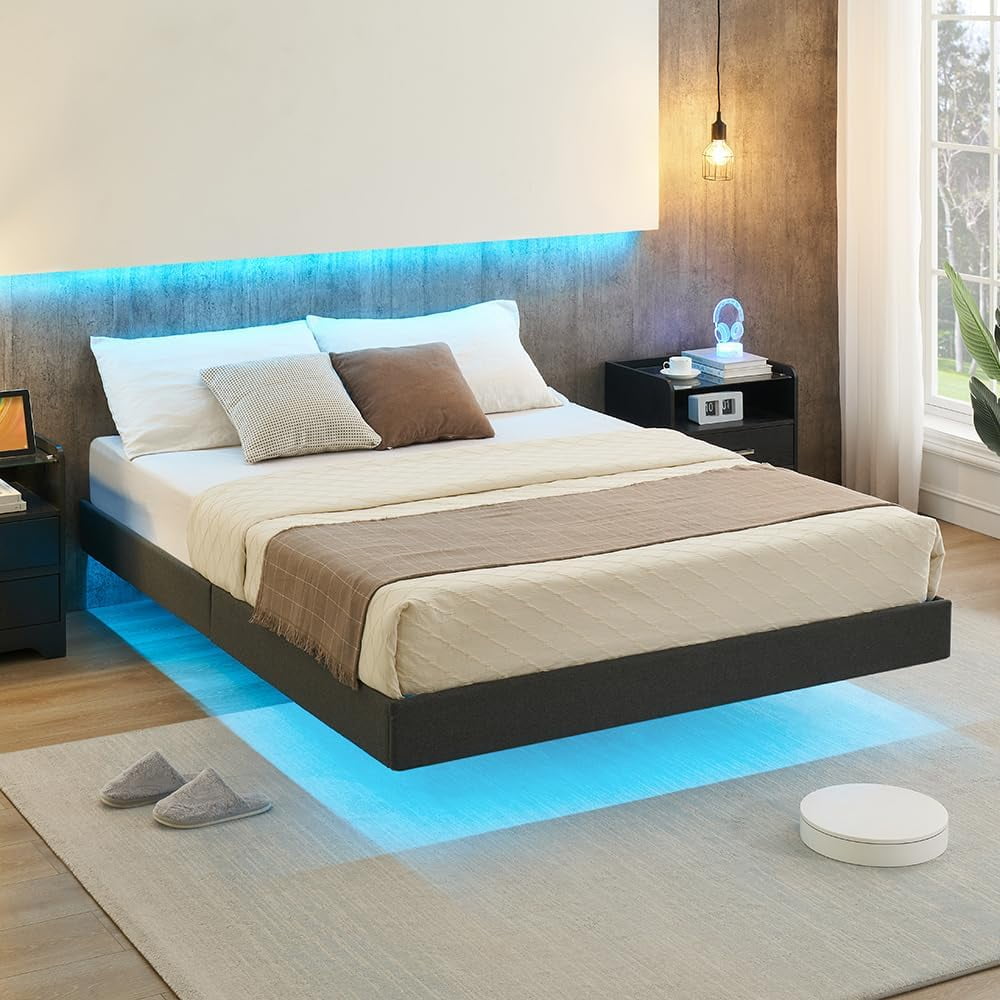 Floating Queen Bed Frame with Led Lights Modern Queen Size Upholstered ...