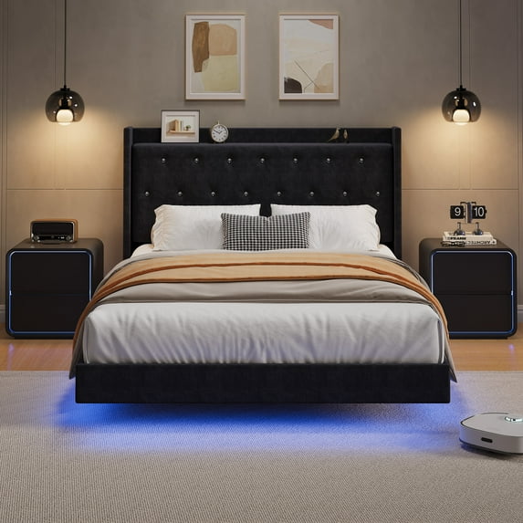 Floating Queen Platform Bed Frame with Storage Headboard, Velvet ...