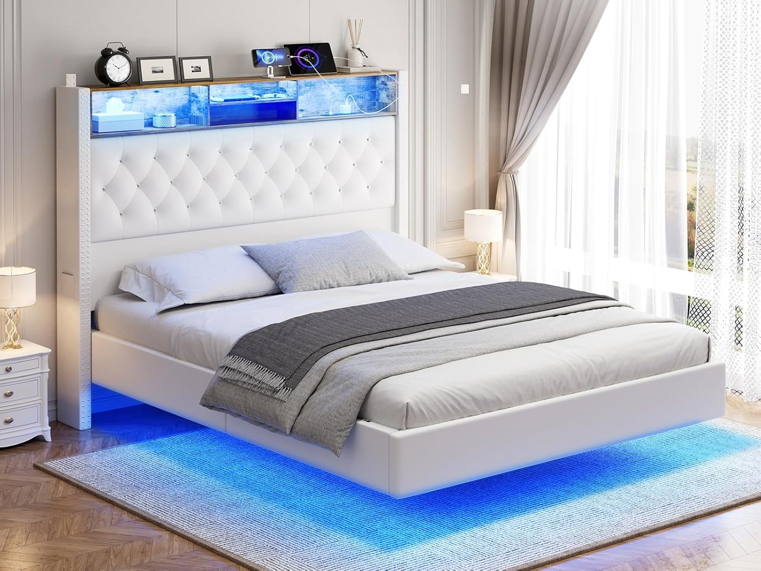 Floating Queen Size Bed Frame with Headboard and Storage, Upholstered ...