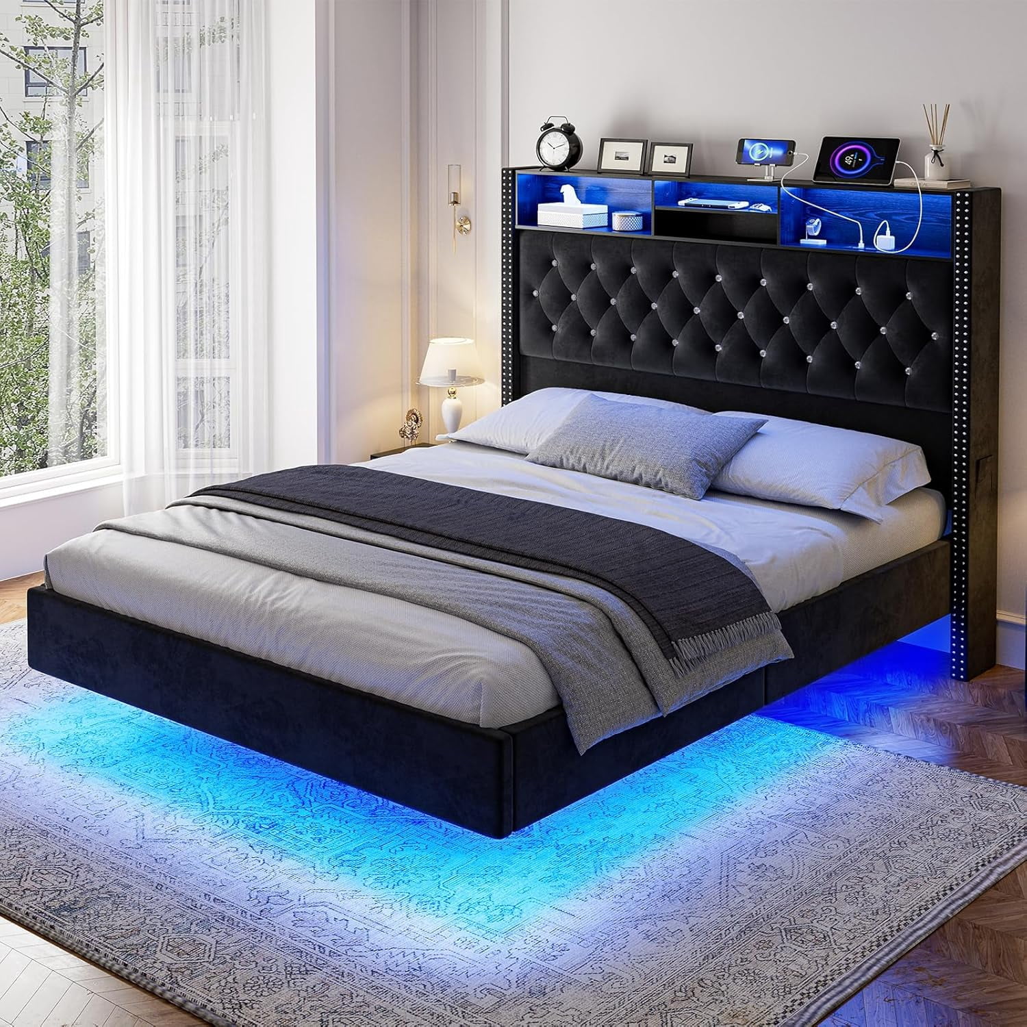 Floating Queen Size Bed Frame with Headboard and Storage, Upholstered ...