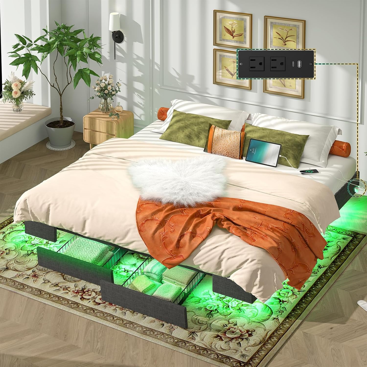 Floating Queen Size Bed Frame with Storage Drawers & LED Lights ...