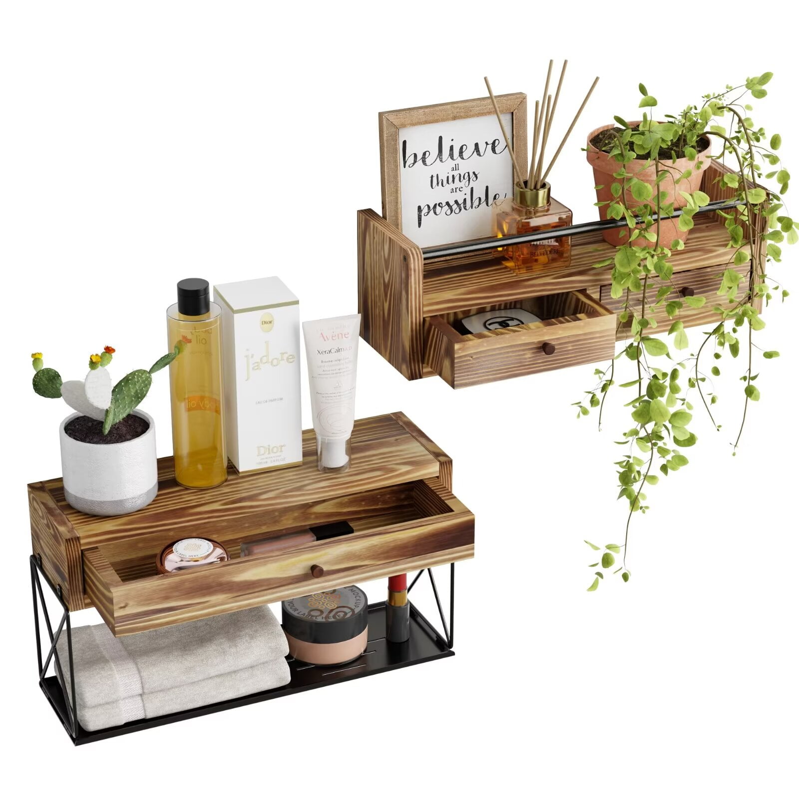 Floating Shelf with Drawer Set of 2, Wall Baskets, Bathroom Shelf with ...