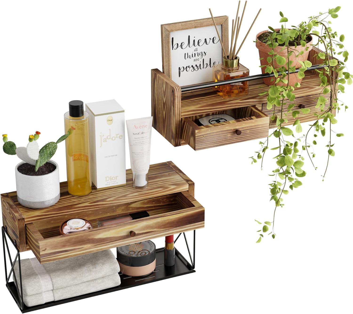 Floating Shelf with Drawer Set of 2, Wall Baskets, Bathroom Shelf with ...