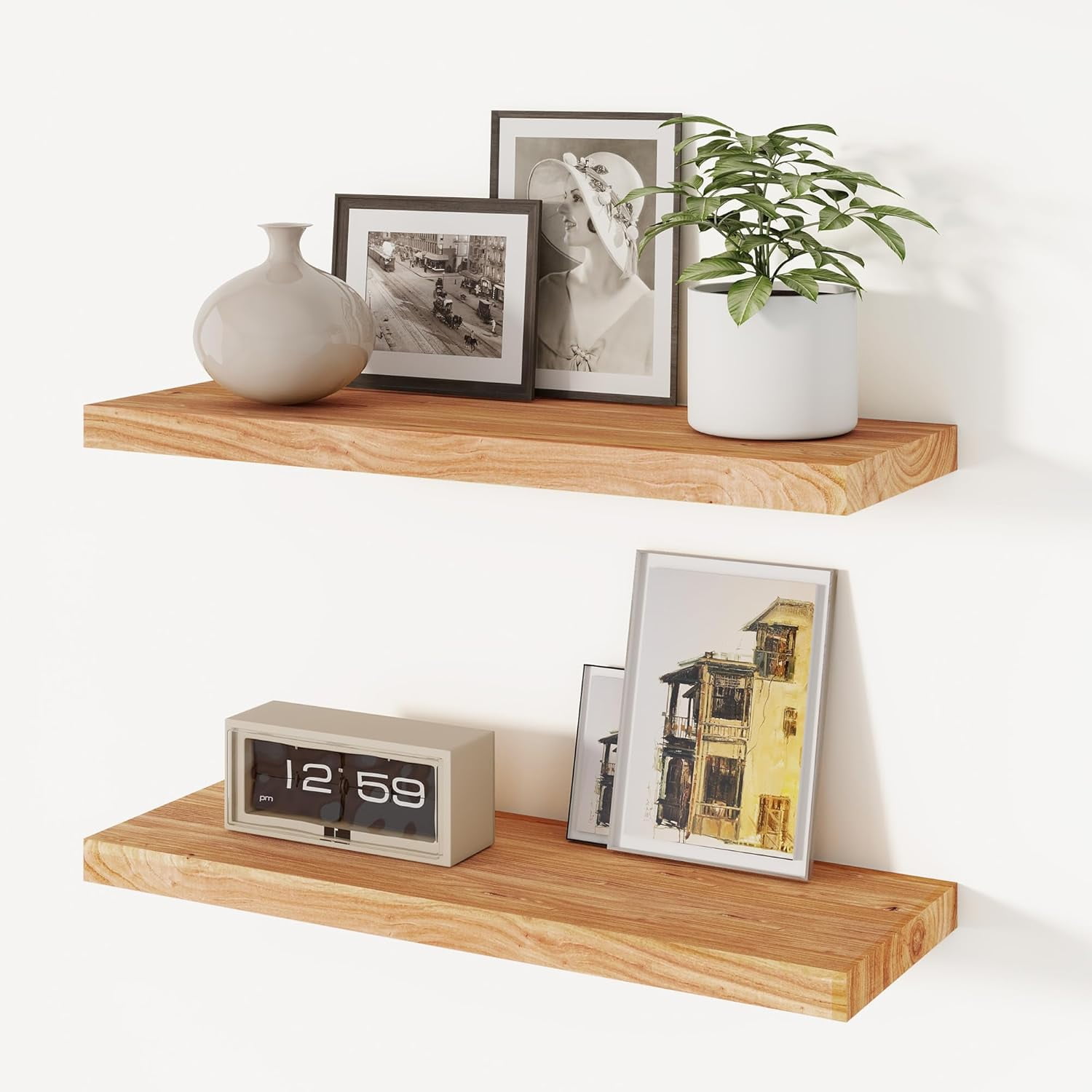 Floating Shelves, 8 Inch Deep Rustic Solid Elm Wood Wall Shelves for ...