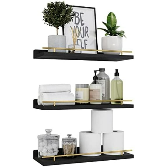 Floating Shelves with Gold Metal Guardrail, Shelves for Wall Decor Set ...