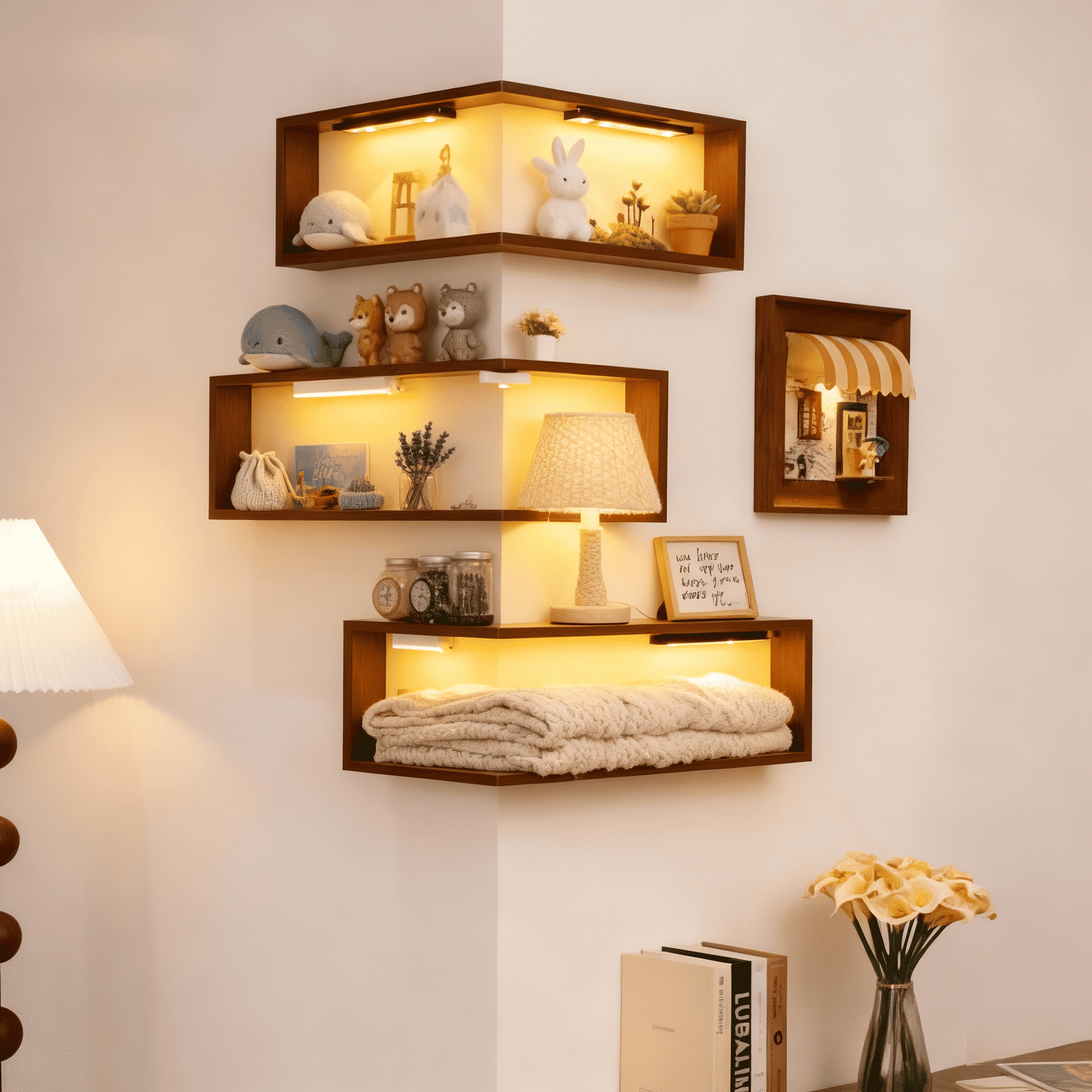 Floating Shelves with LED Lights Wall Corner Shelf, Corner Wall Shelf ...