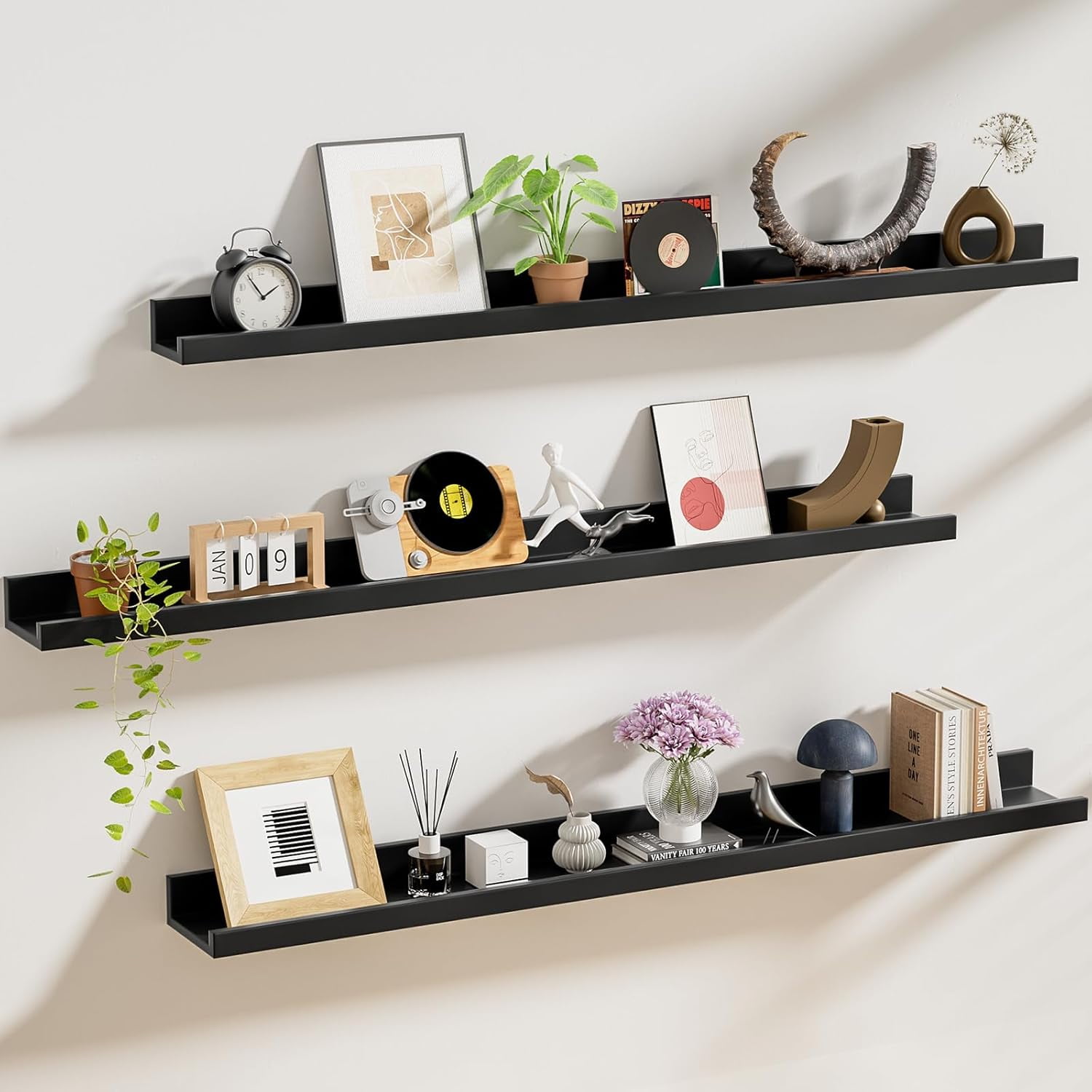 48 Inch Picture Ledge Shelf with Lip,Black Floating Shelves for Wall ...