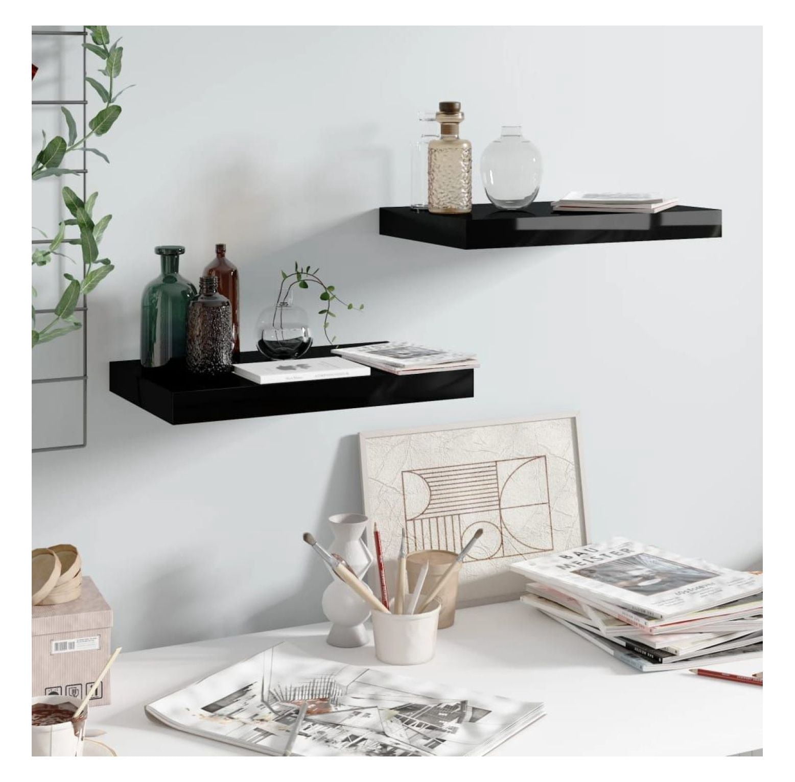 Floating Shelves Set of 2, High Gloss Black Wall Shelves 15.7x9.1x1.5 ...