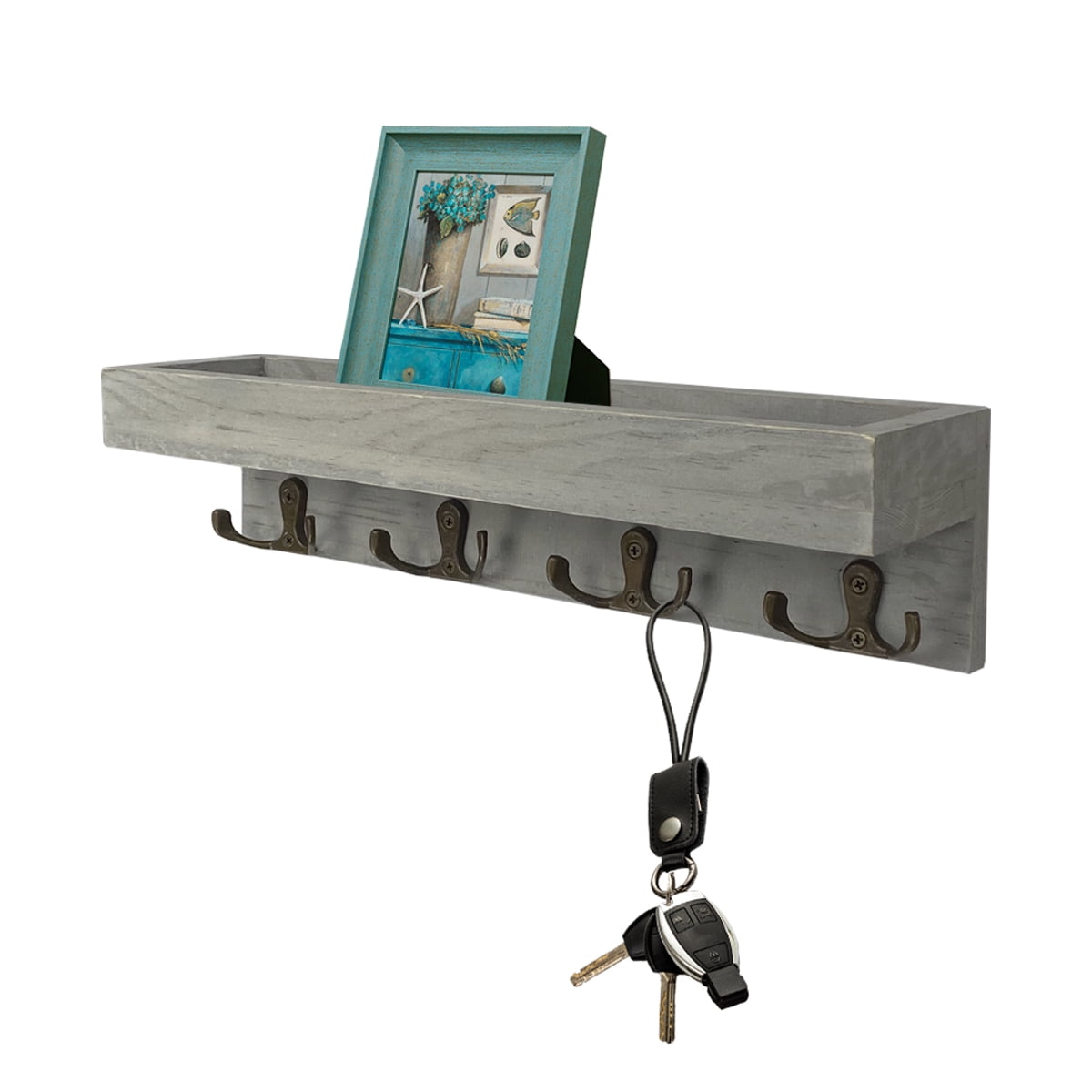 Vintage Grey Floating Shelves, Wall Mounted Coat Rack with Hooks ...