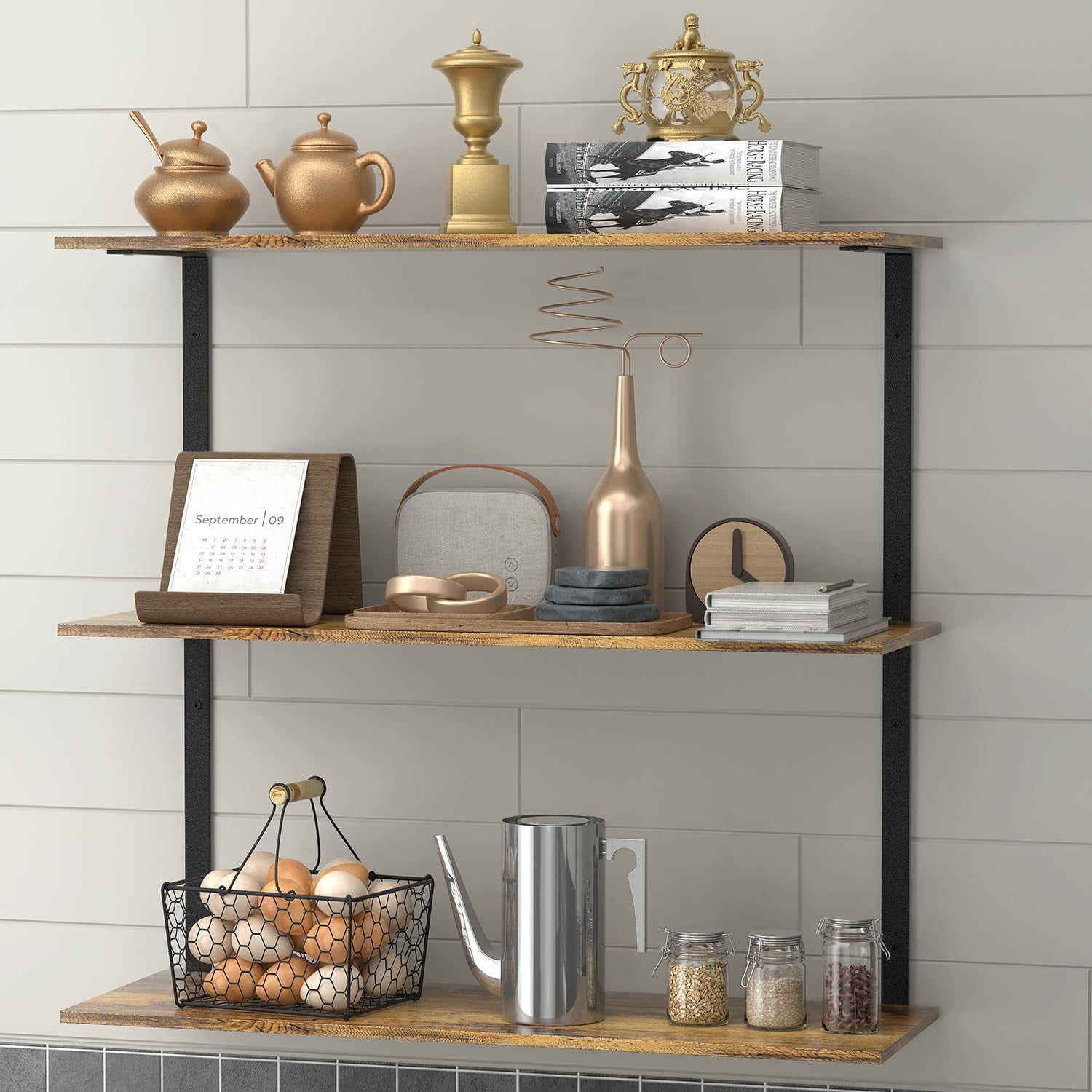 Floating Shelves for Wall, 24 inch Kitchen Wall Shelves 3 Tiers, Coffee ...