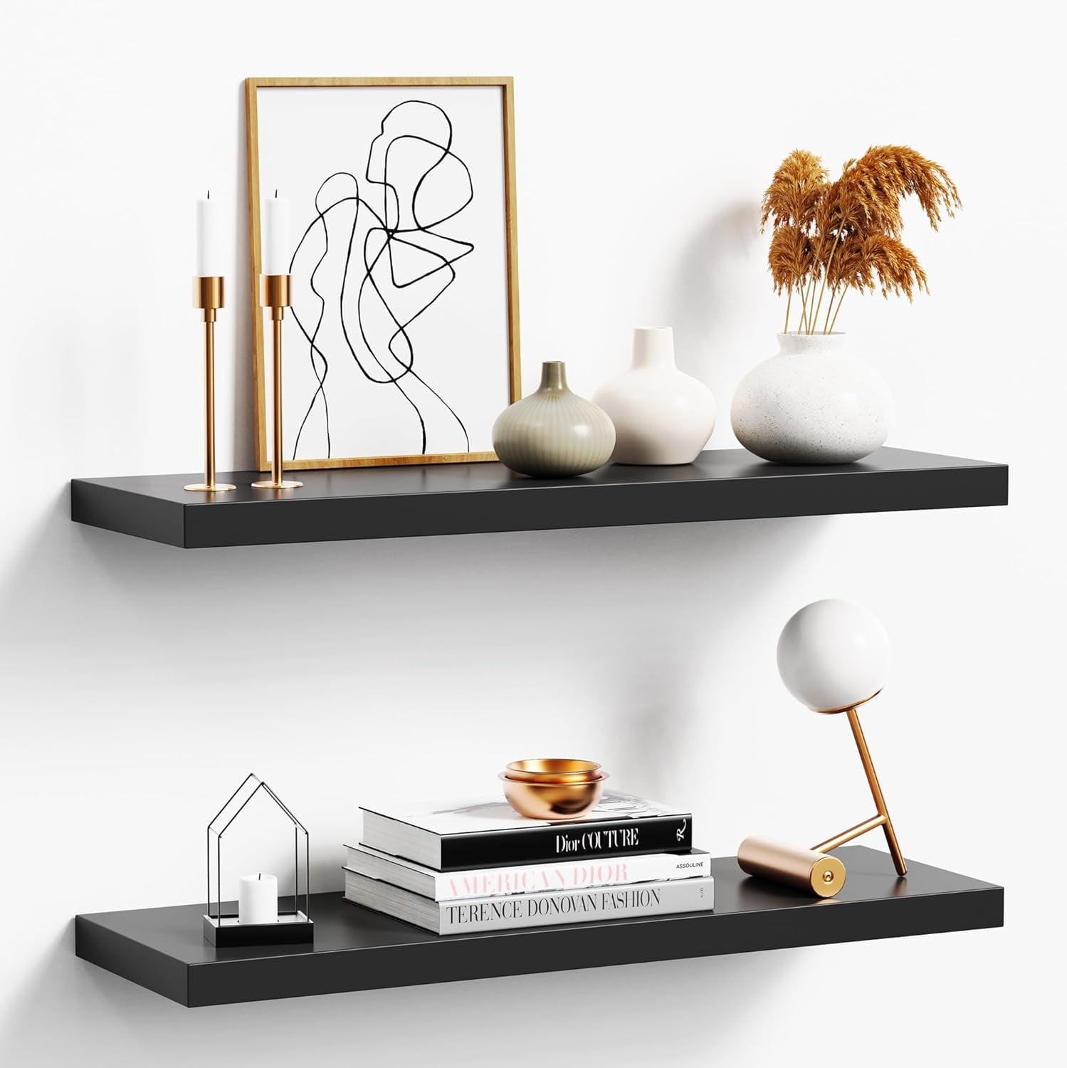 Floating Shelves for Wall, Black Wood Wall Shelf Set of 2, 24" Wall ...