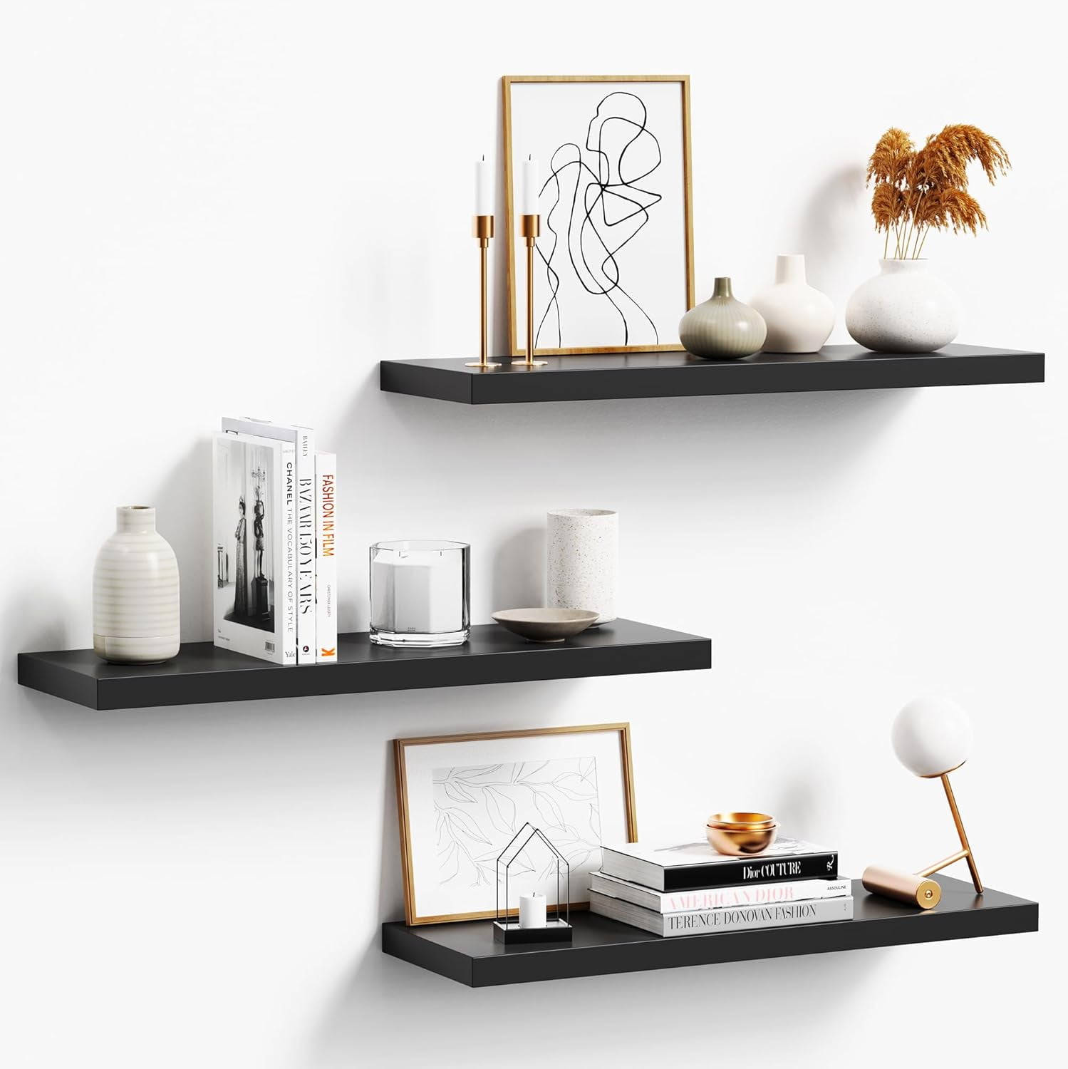 Floating Shelves for Wall, Black Wood Wall Shelf Set of 3, 24" Wall ...