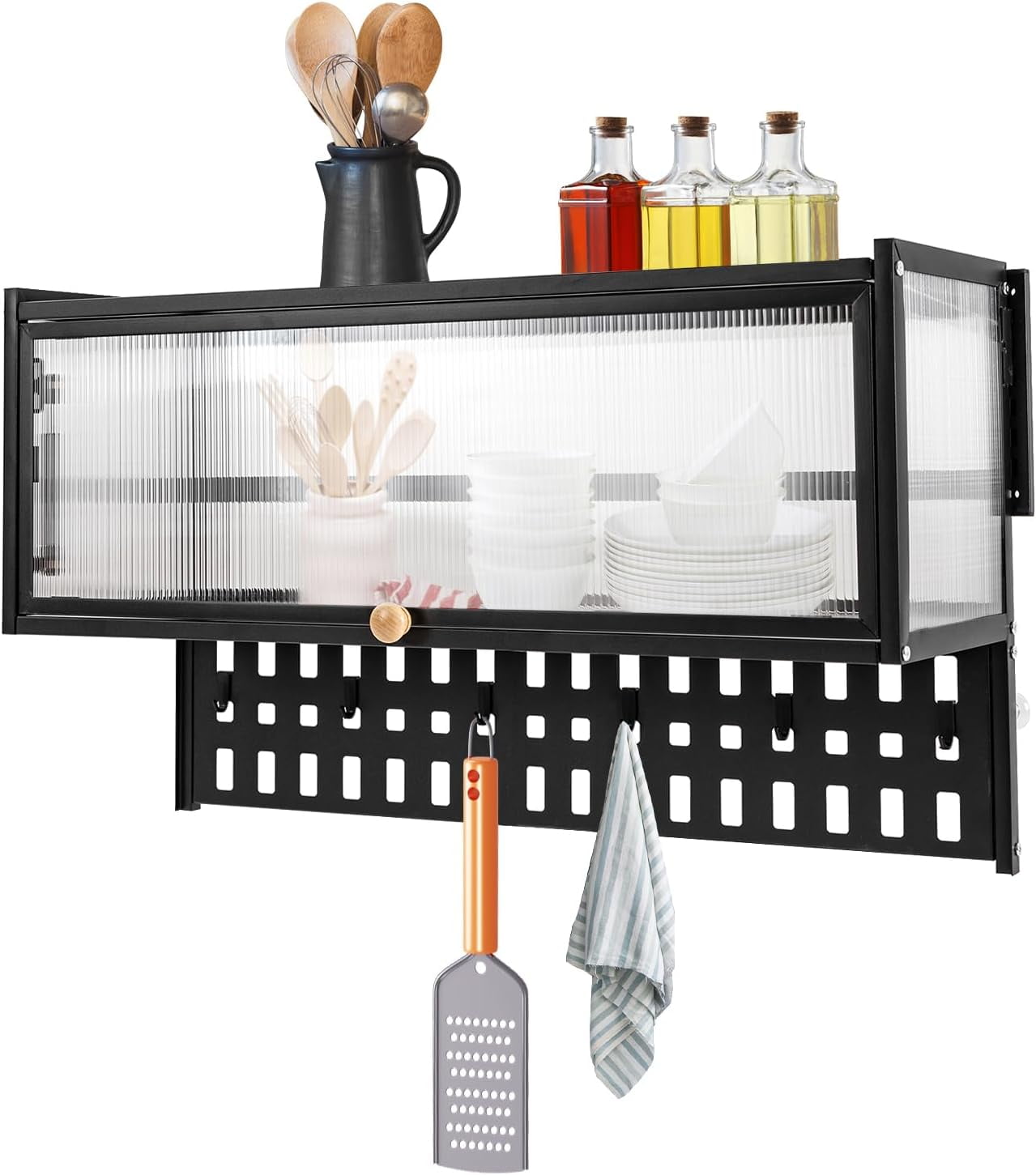 Floating Shelves Wall Mount Kitchen Storage Cabinet with 5 Hooks ...