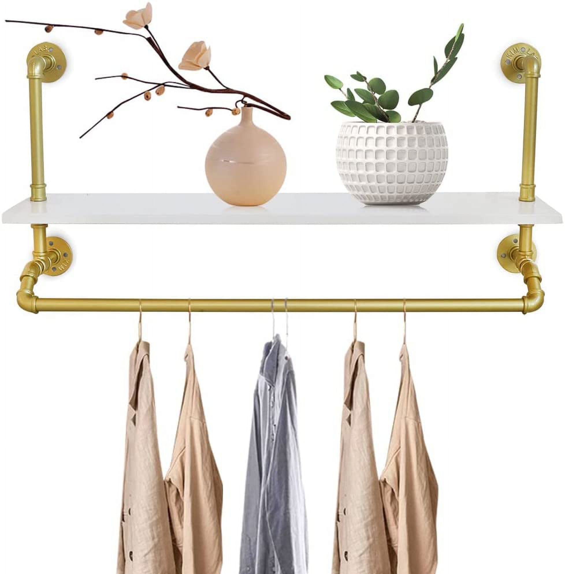 Floating Shelves Wall Mounted Gold Clothes Rack, Modern Wood Storage ...